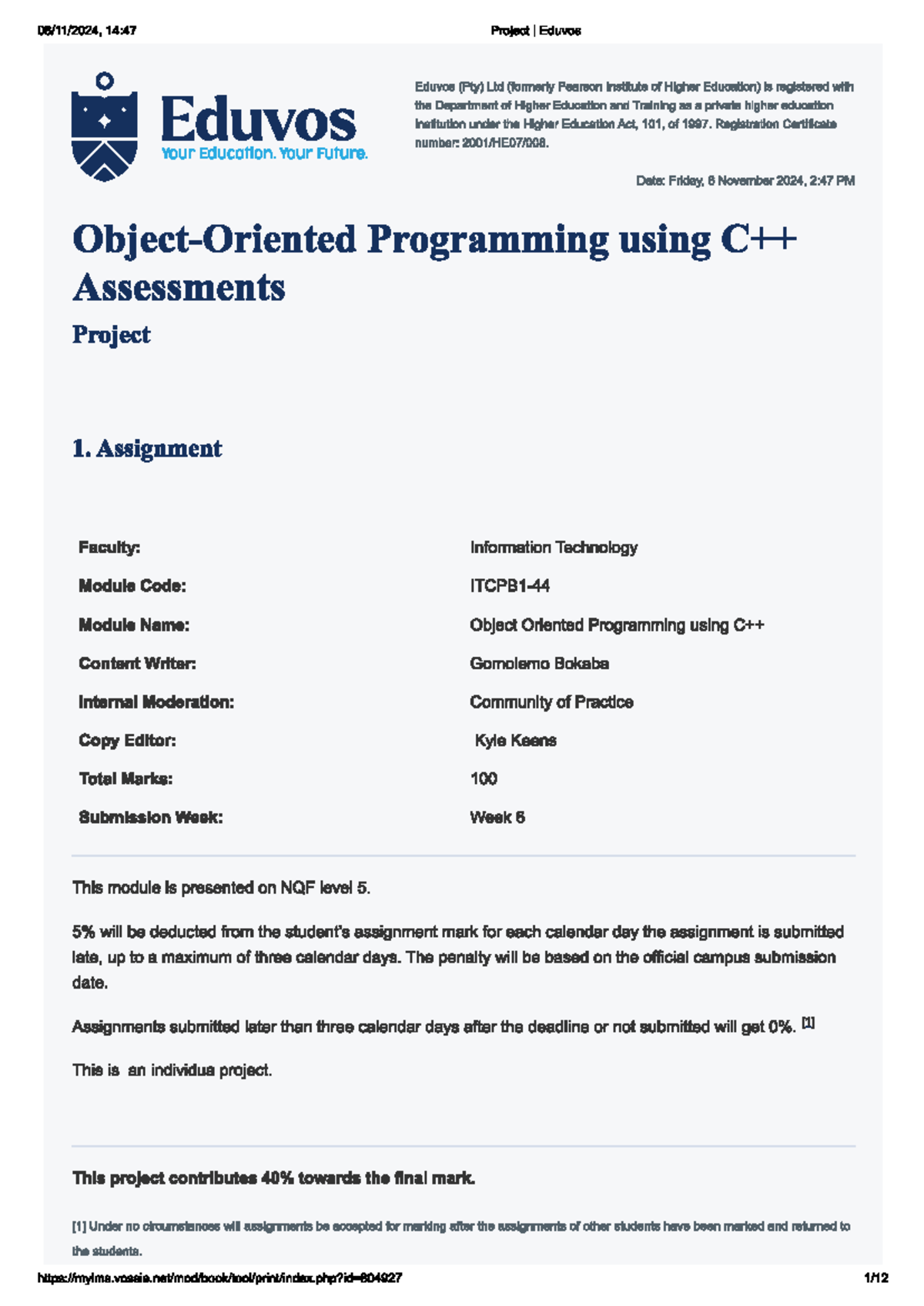 Coding assignment - 14:47 Project I Eduvos Eduvos (Pty) Ltd (formerly Pearson Institute of ...