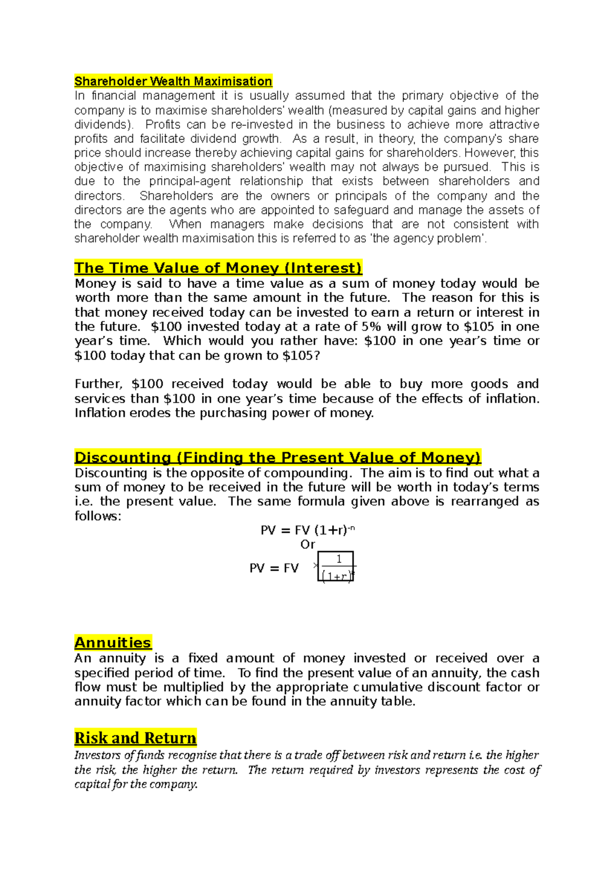ACCA exam preparation written questions - Shareholder Wealth ...