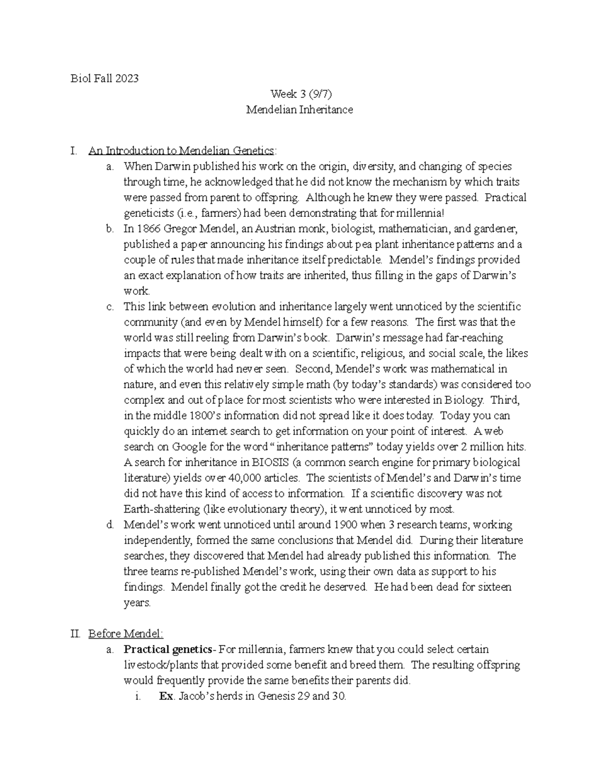 Lecture Week 3 9 7 Notes Mendelian Inheritance Biol Fall 2023