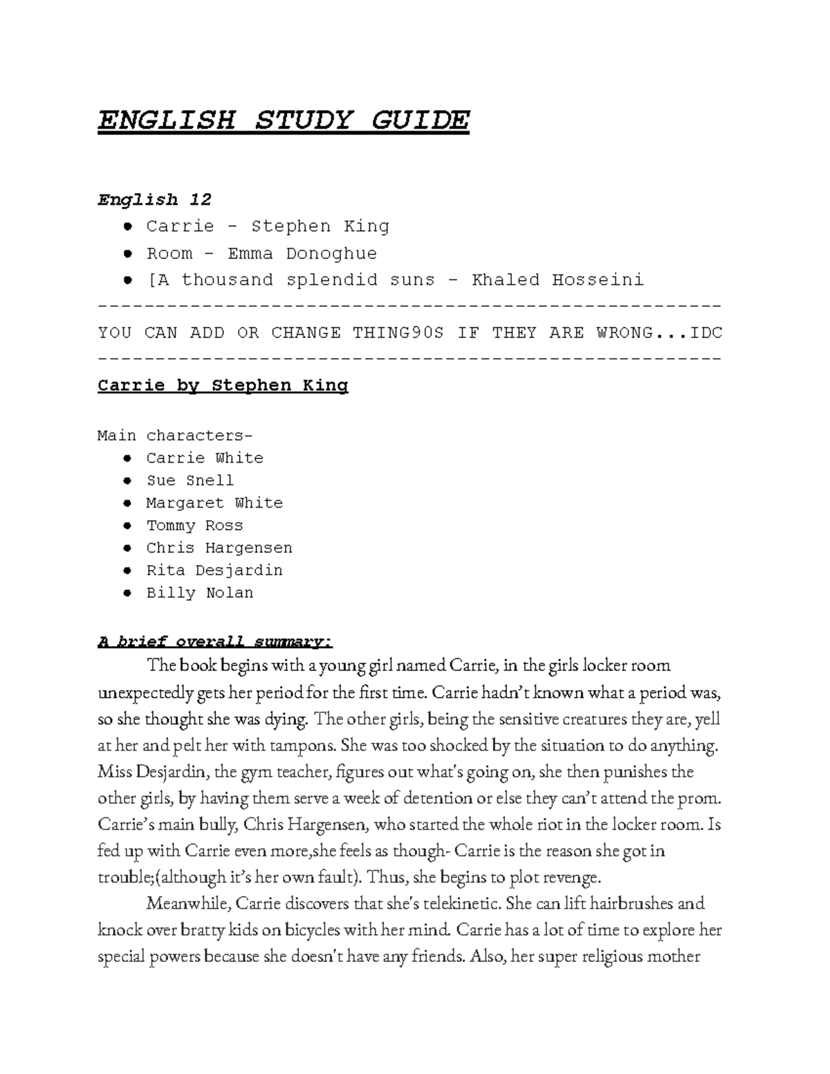 English Study Guide ENGLISH STUDY GUIDE English 12 Carrie Stephen