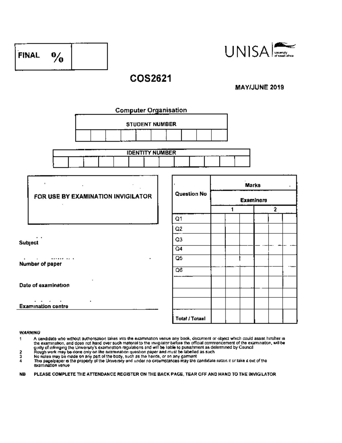 COS2621 June 2019 exam - COS2621 - Studocu