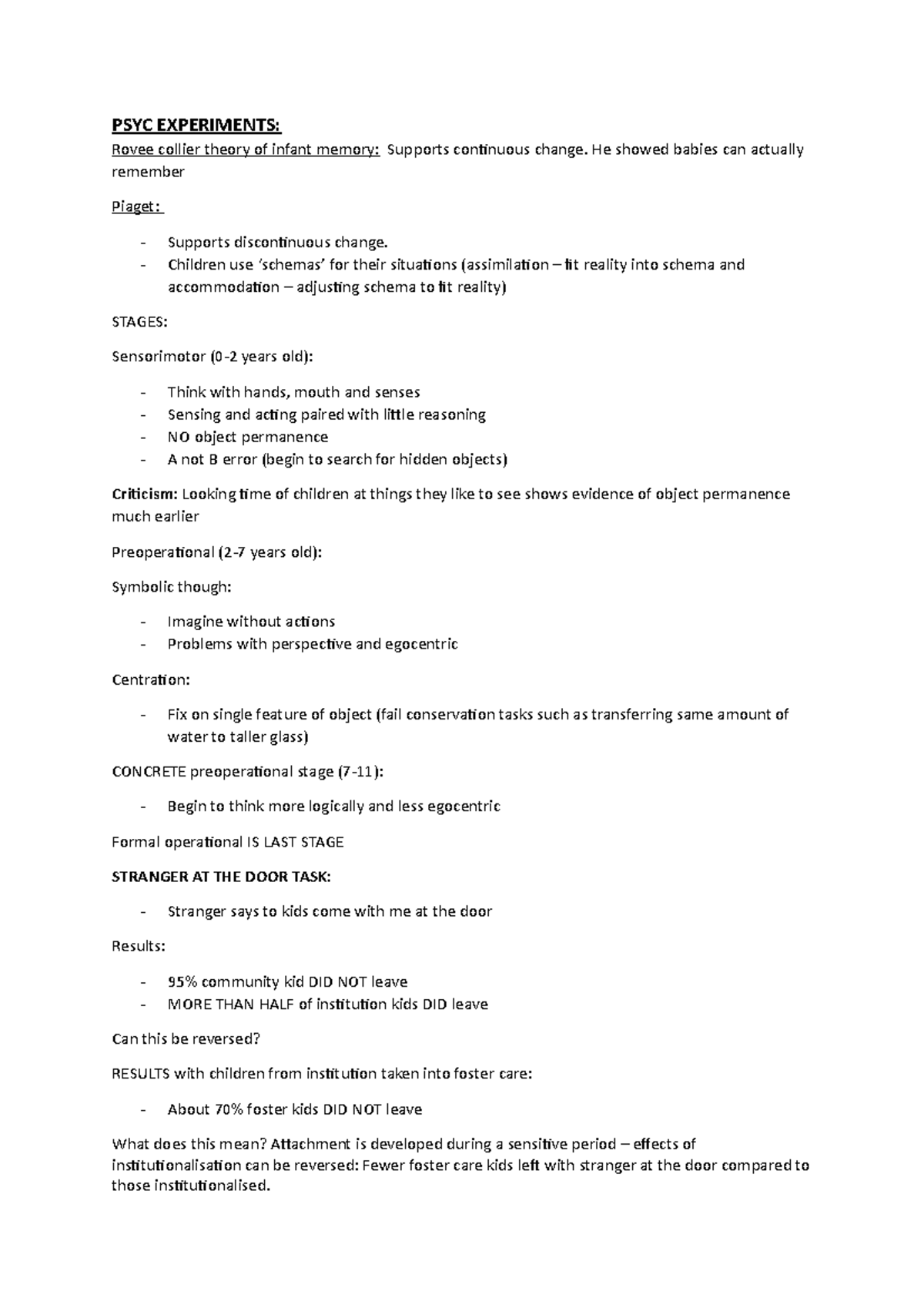 Summary of some psyc1A experiments - PSYC EXPERIMENTS: Rovee collier ...