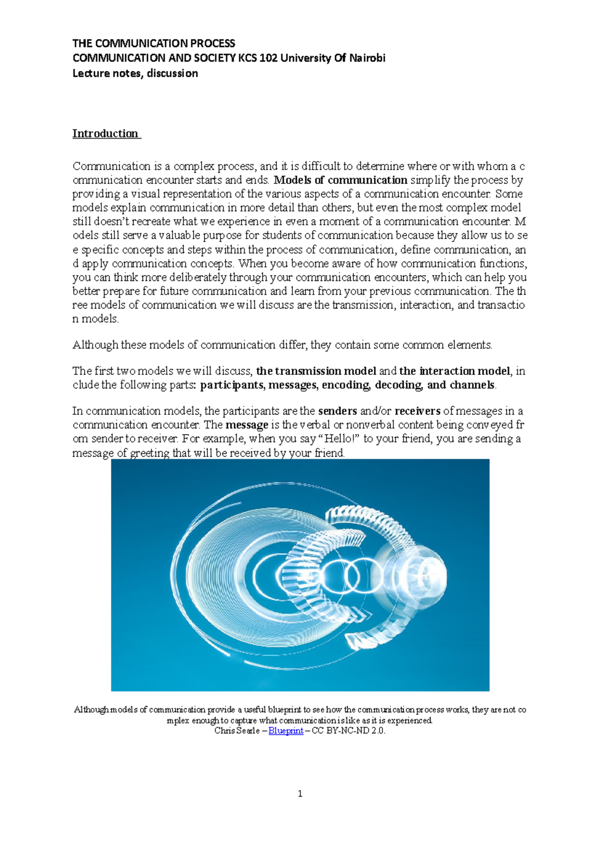 THE Communication Process Notes - COMMUNICATION AND SOCIETY KCS 102 ...