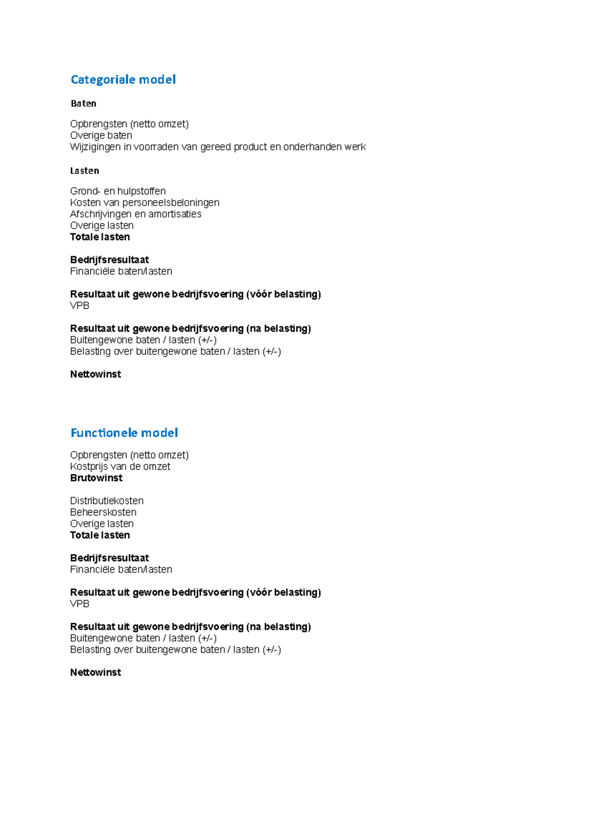 Be - kasstroom - Categoriale model Baten Opbrengsten (netto omzet ...