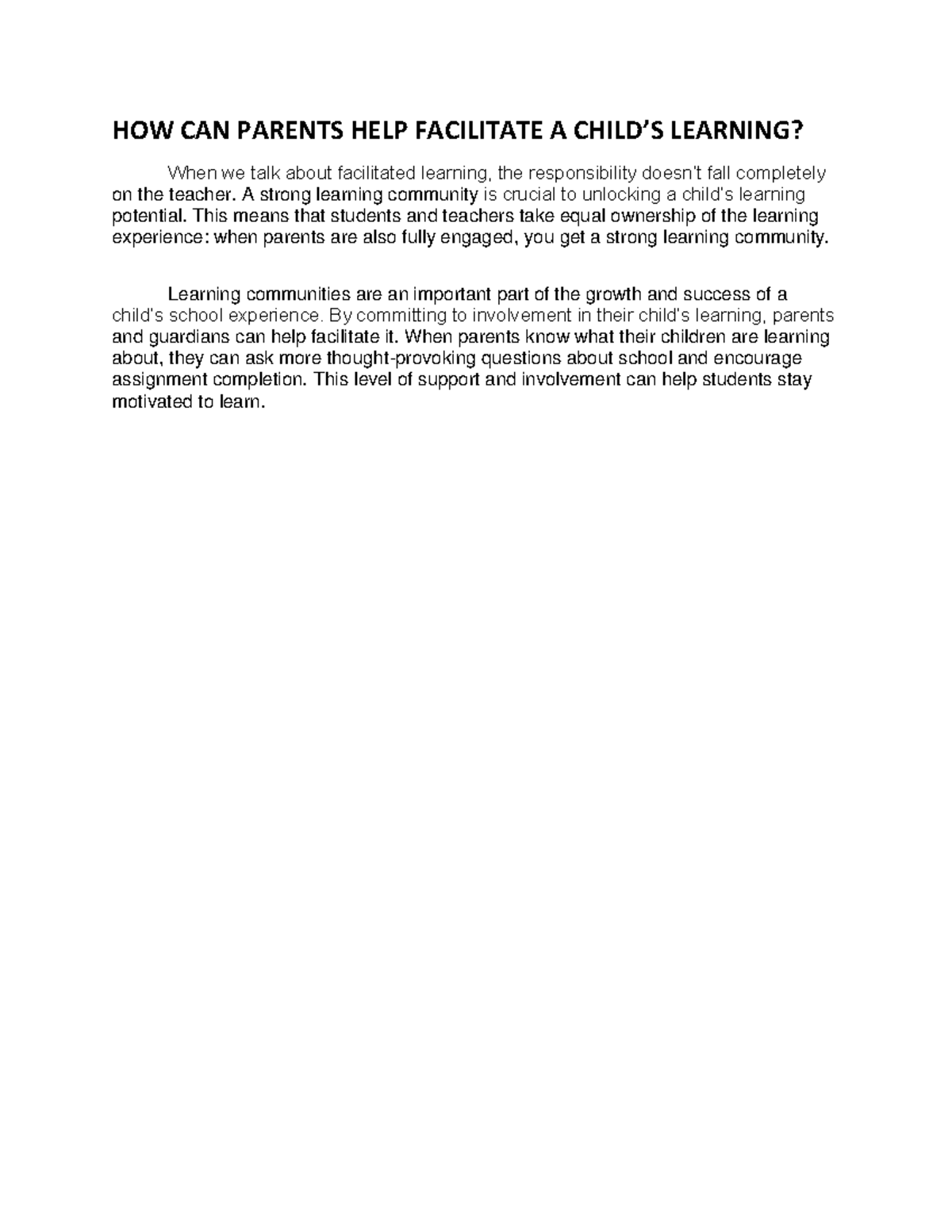 HOW CAN Parents HELP Facilitate A Child - HOW CAN PARENTS HELP ...