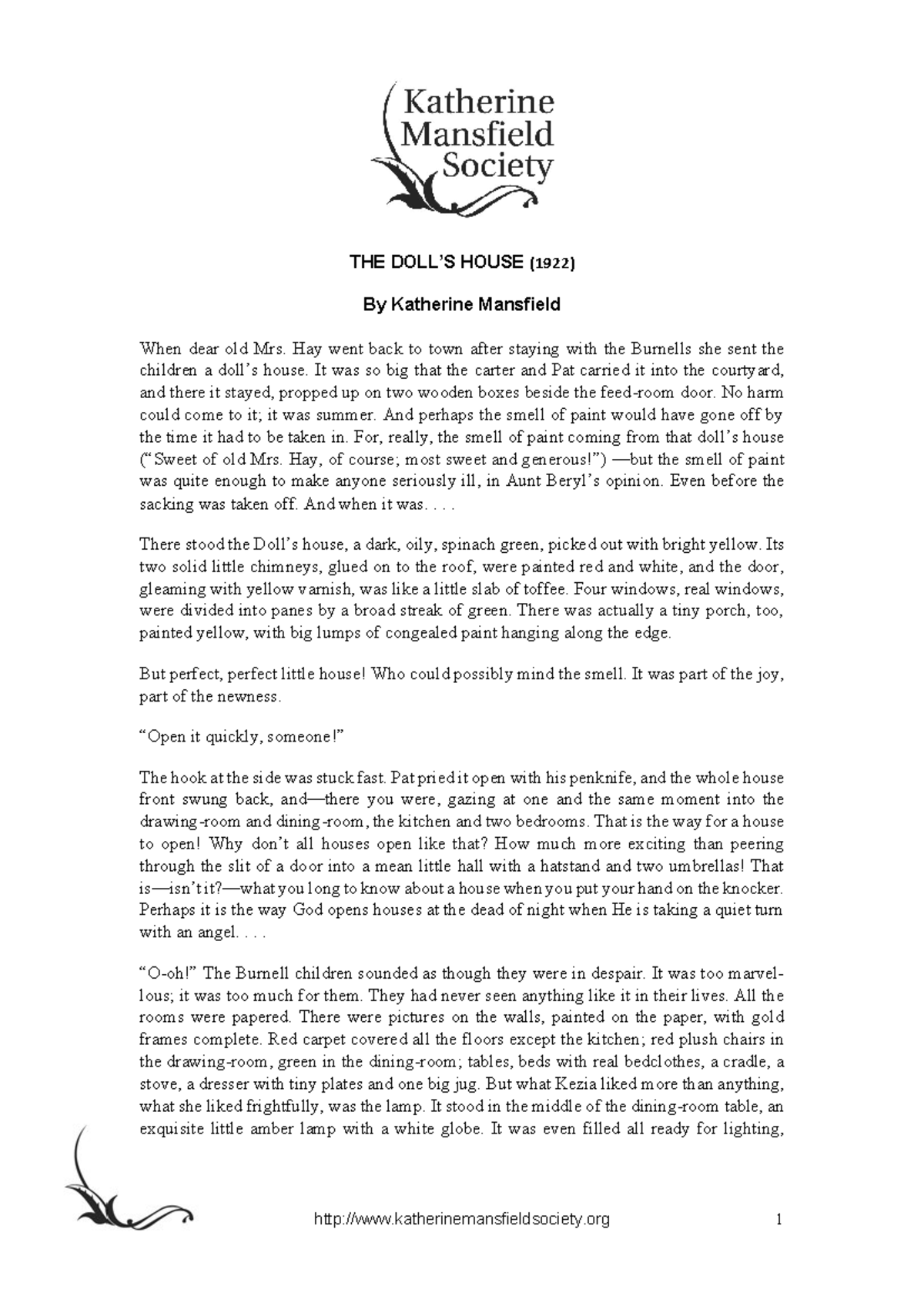 The Doll's House by Katherine Mansfield (1922)(1) - THE DOLL’S HOUSE ...