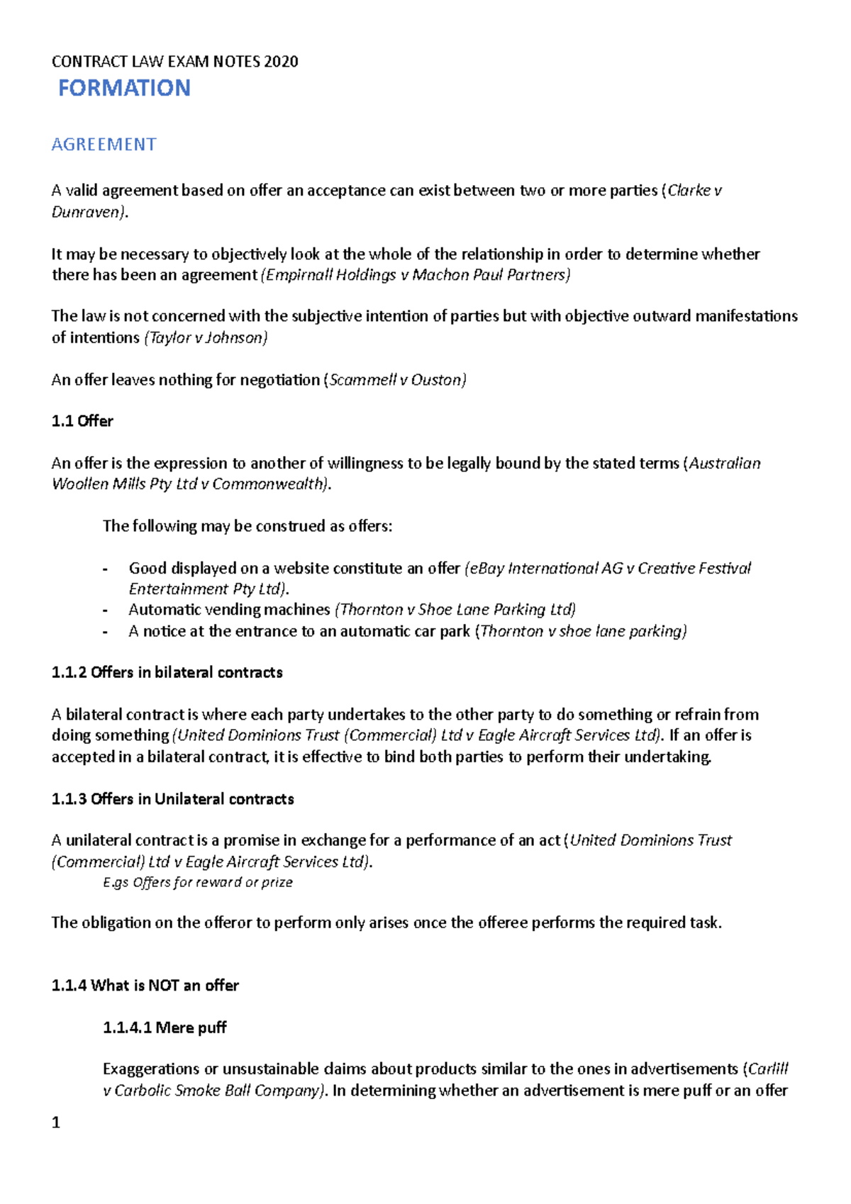 LLB202 Contract LAW Notes - FORMATION AGREEMENT A valid agreement based ...