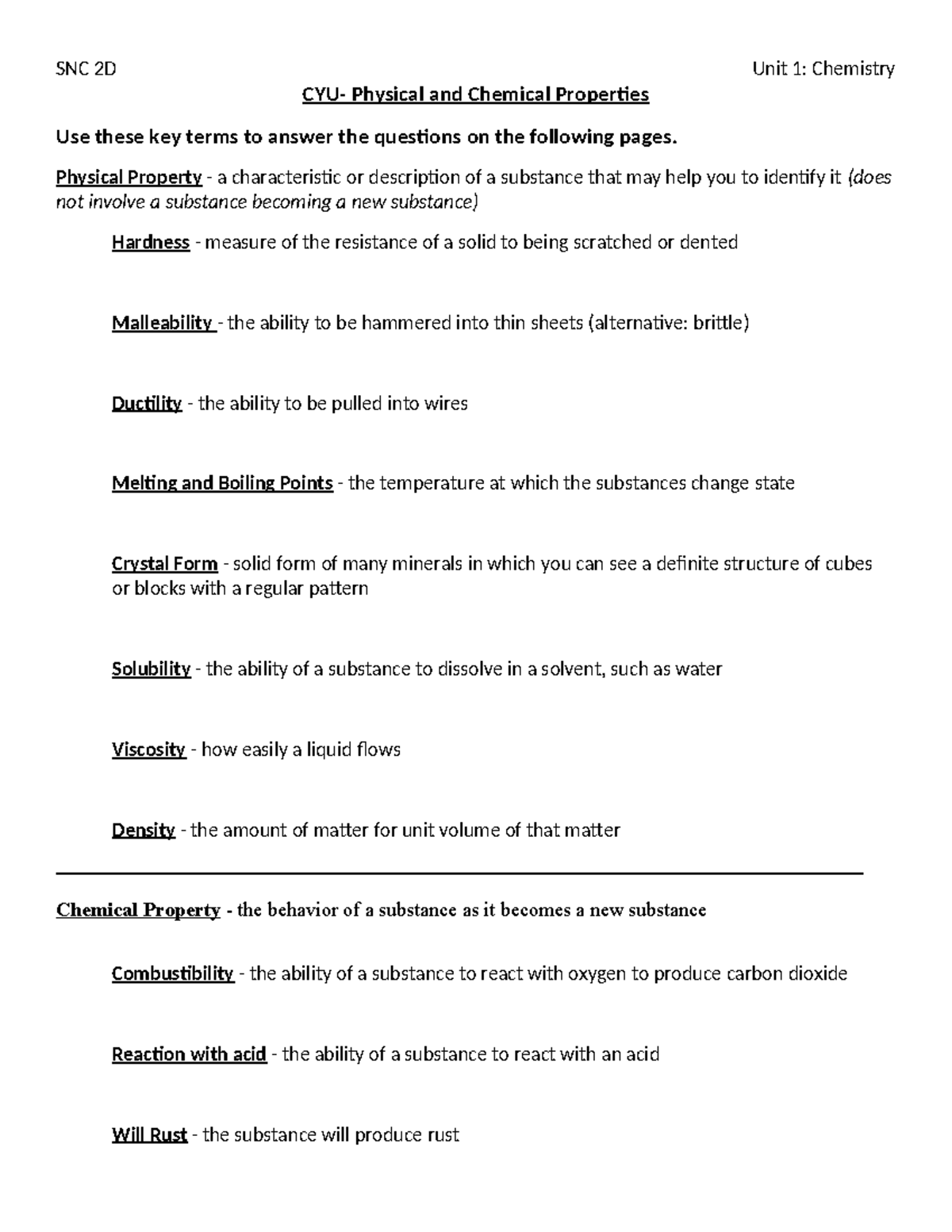 CYU- Physical and Chemical Properties Worksheet - SNC 2D Unit 1 ...
