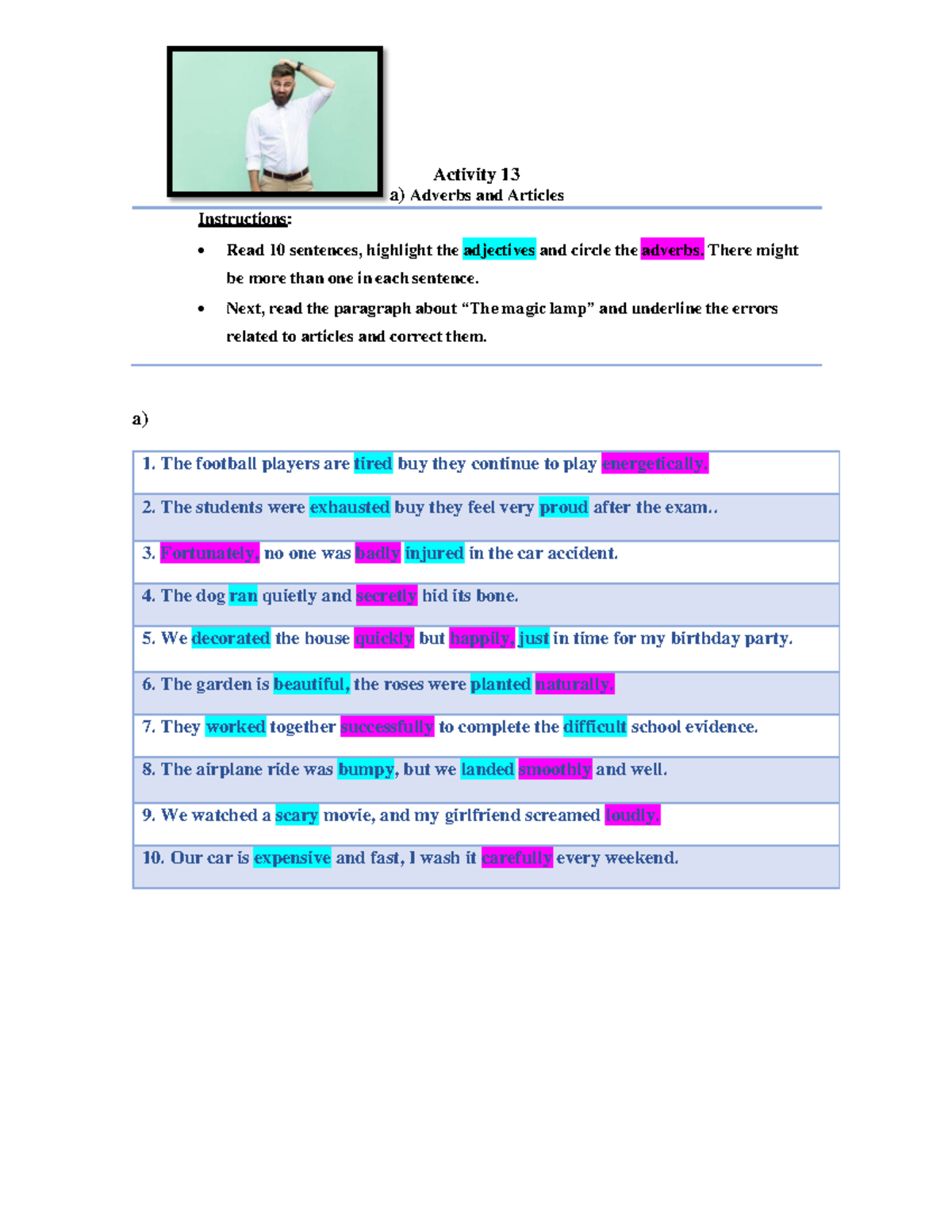 Activity 13 - ddrsdtfyugjk - Activity 13 a) Adverbs and Articles ...