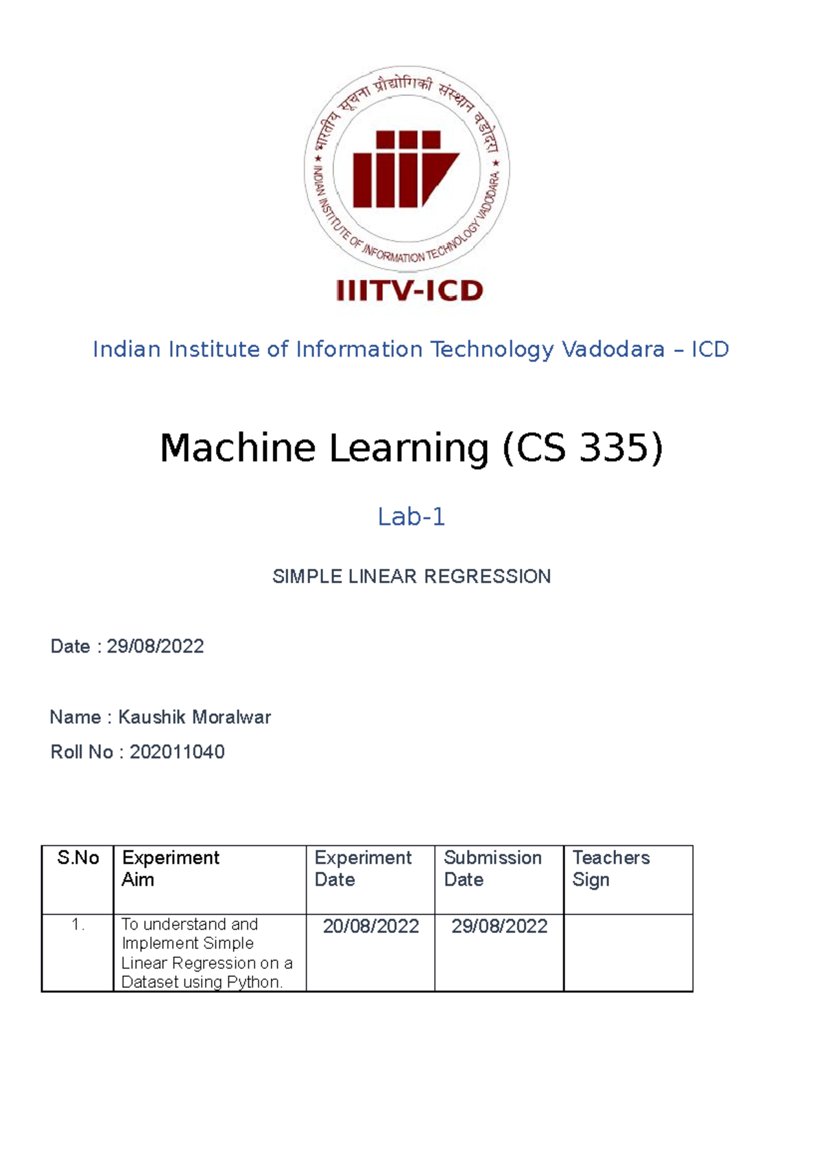 202011 040 Lab1 Ml Ml Practical Report Indian Institute Of Information Technology Vadodara 