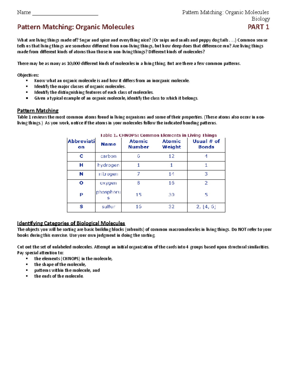 Organic Molecules Pattern Matching Basic student packet - Biology ...