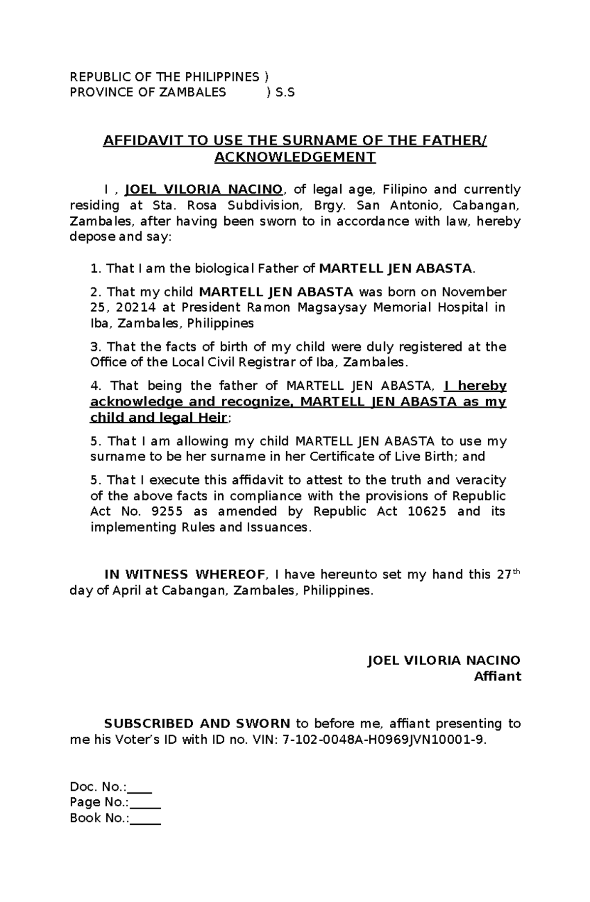 Affidavit of Paternal Acknowledgment with use of father's surname ...