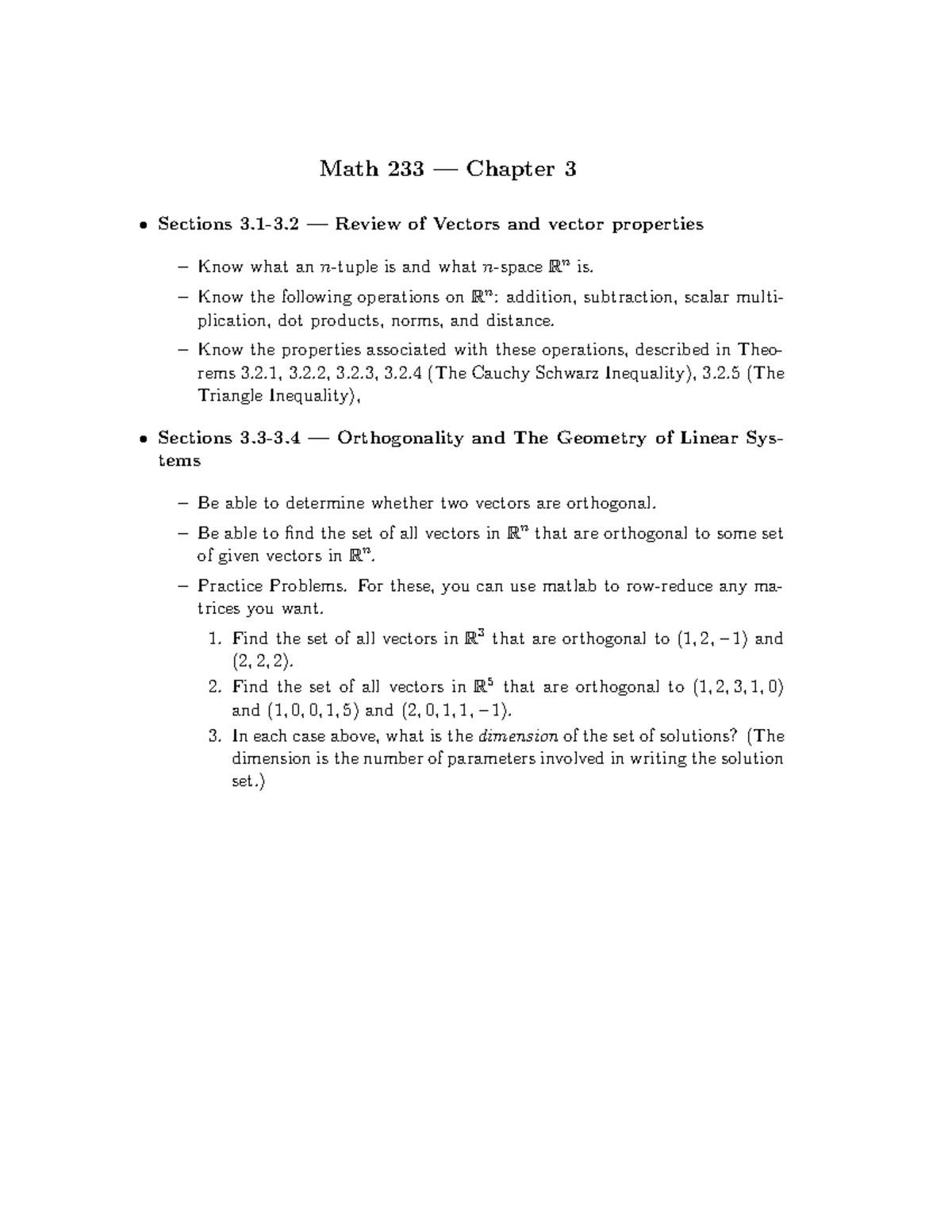 Chap3 - practice midterm - Math 233 — Chapter 3 Sections 3.1-3 — Review of Vectors and vector ...