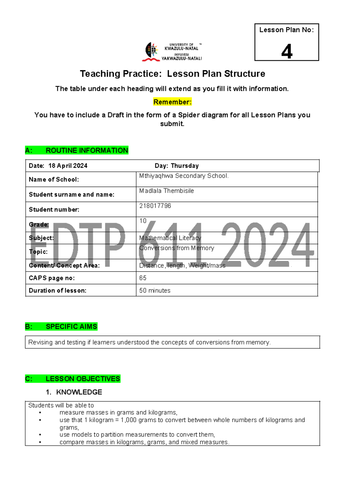 Lesson PLAN 4 Maths LIT Grade 10 - Teaching Practice: Lesson Plan ...