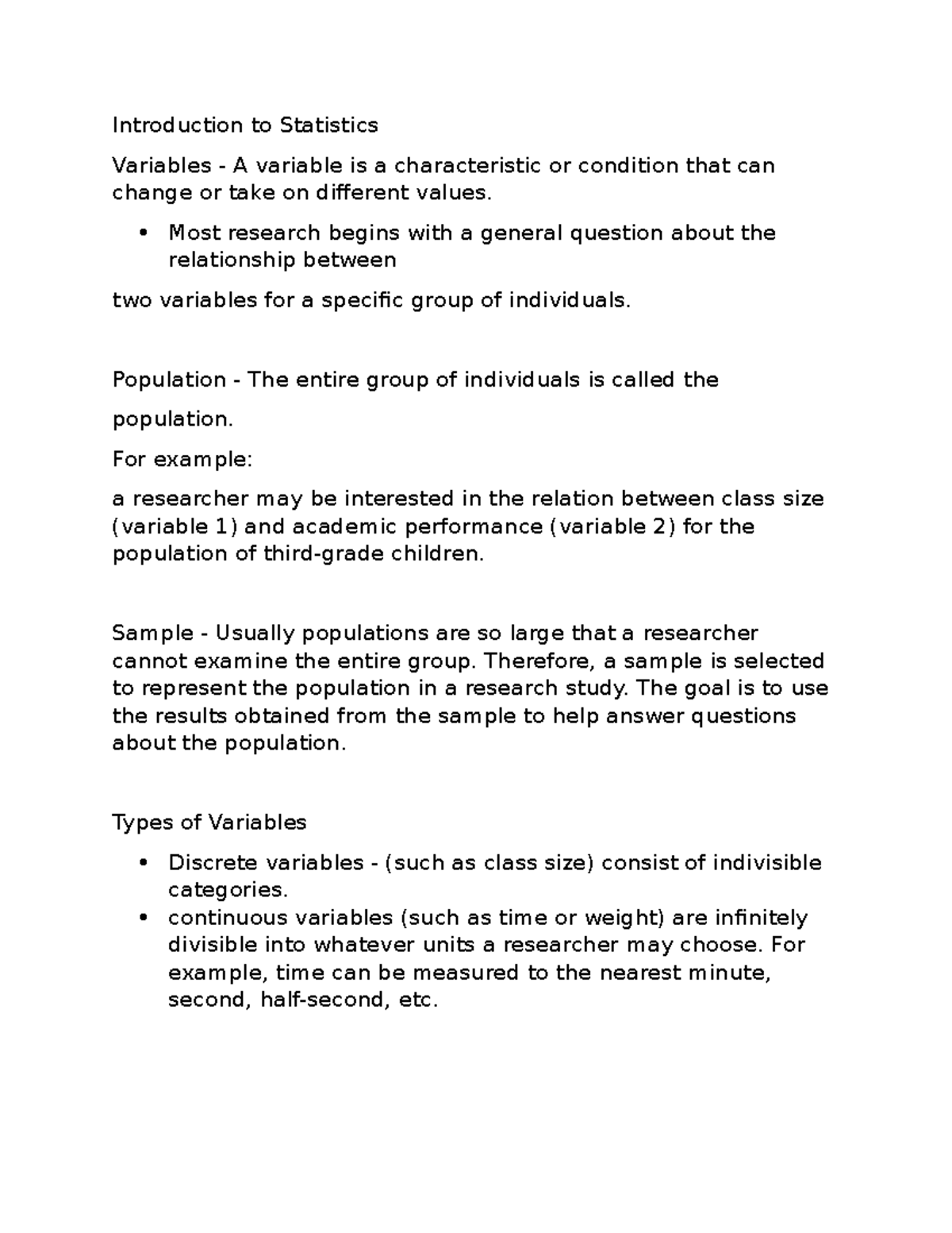 Lecture in statistics - Introduction to Statistics Variables - A ...
