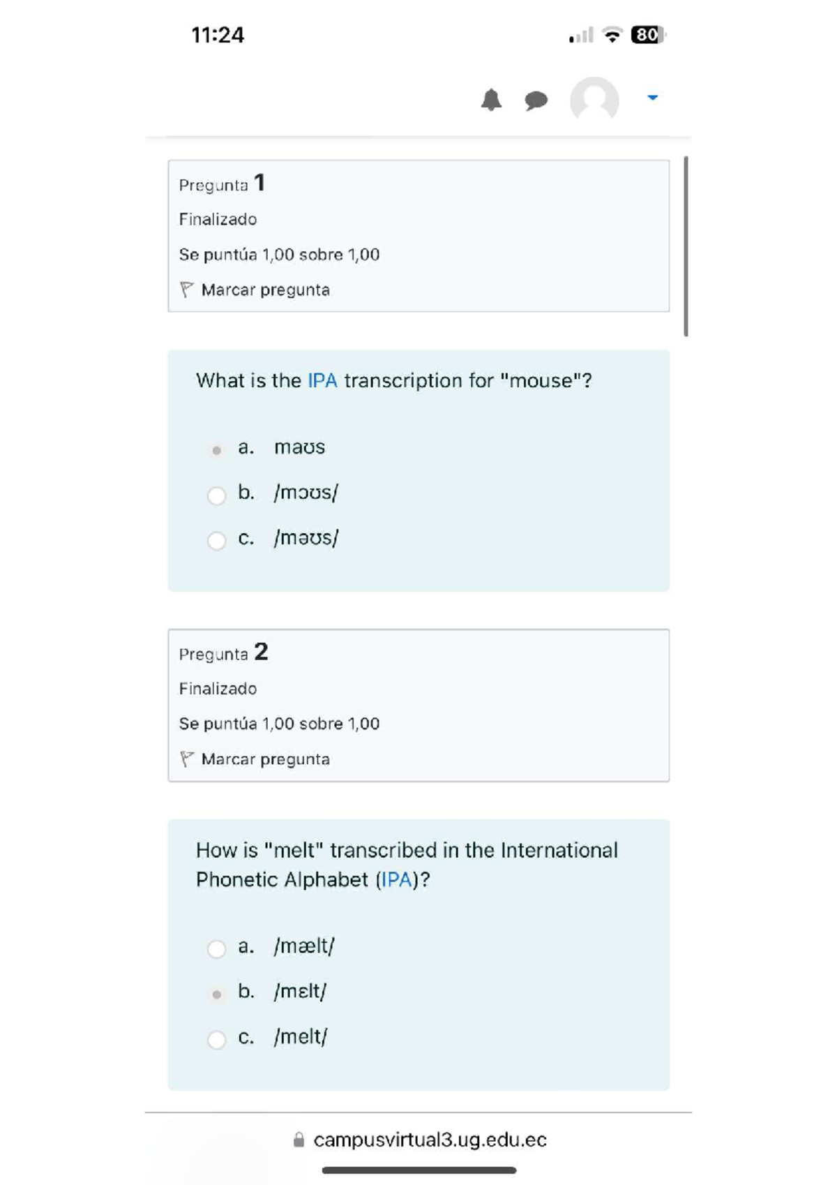 Phonetic Transcription - 11:24 80 Pregunta 1 Finalizado Se puntúa 1,00 ...