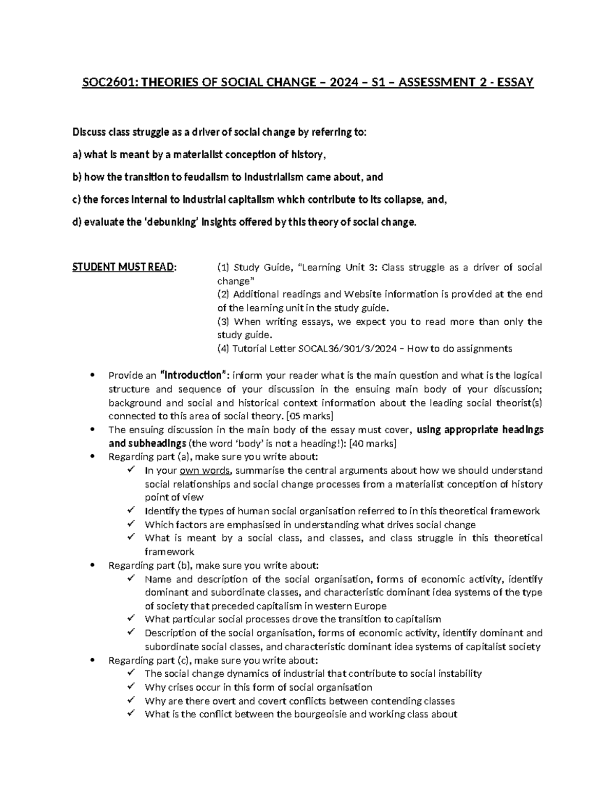 SOC2601 - 2024 - S1 - Assignment 2 - Essay Question - Essay - SOC2601 ...