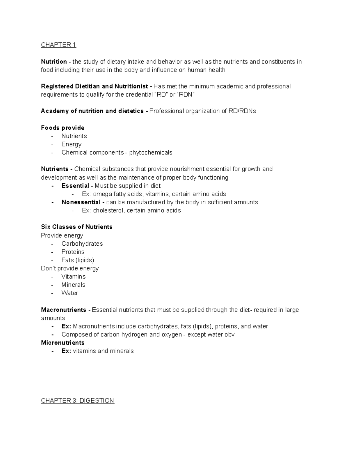 Study Guide Test 1 - CHAPTER 1 Nutrition - the study of dietary intake ...