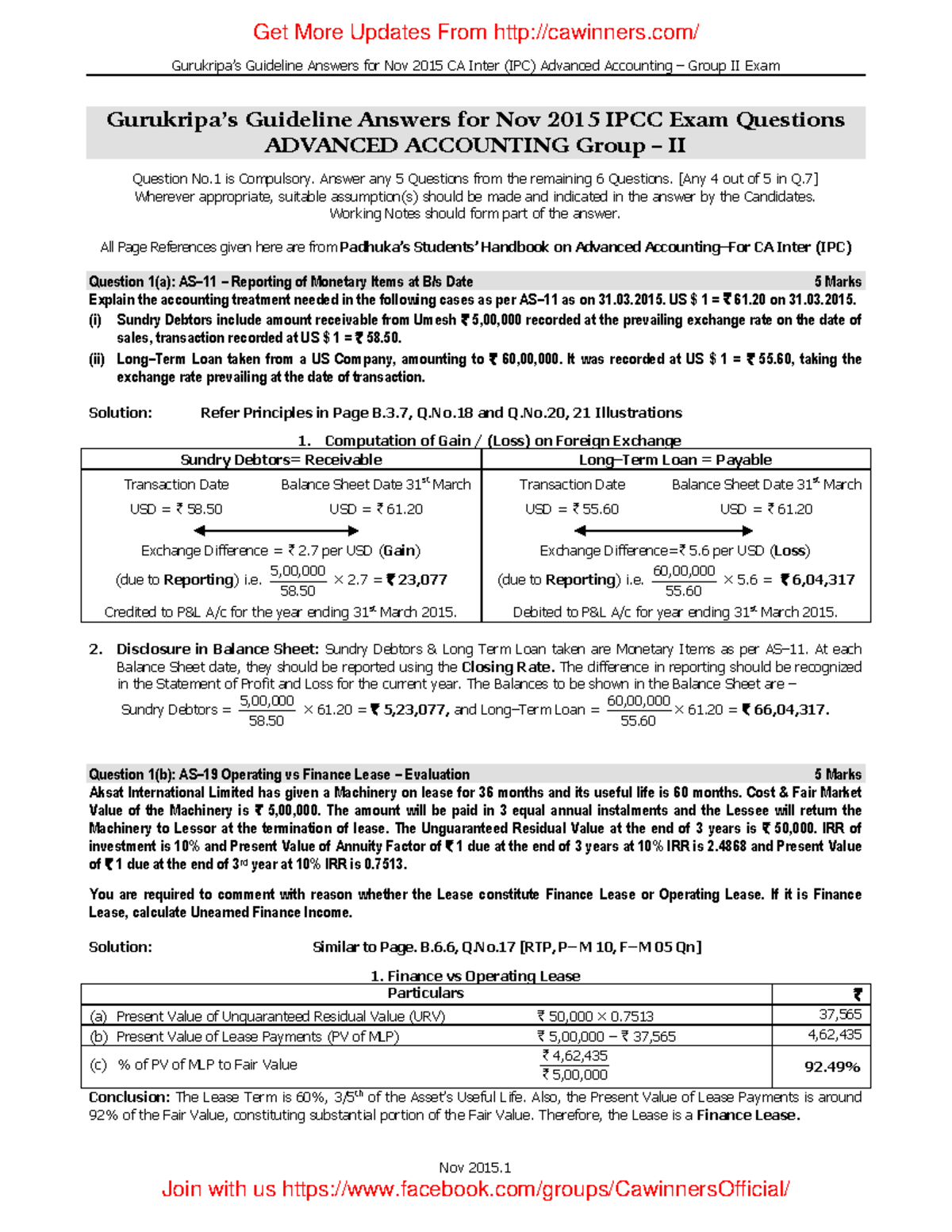 Ipcc advanced accounting suggested answers nov 2015 - Gurukripaís ...