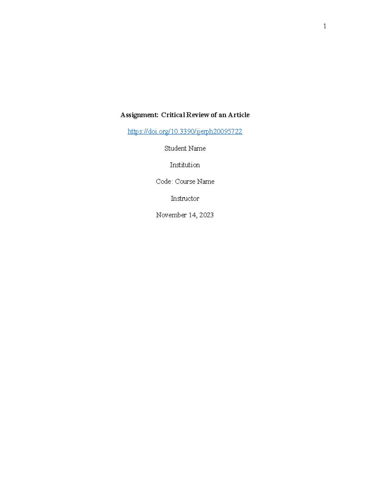 Article Critical Review - Assignment: Critical Review of an Article doi ...