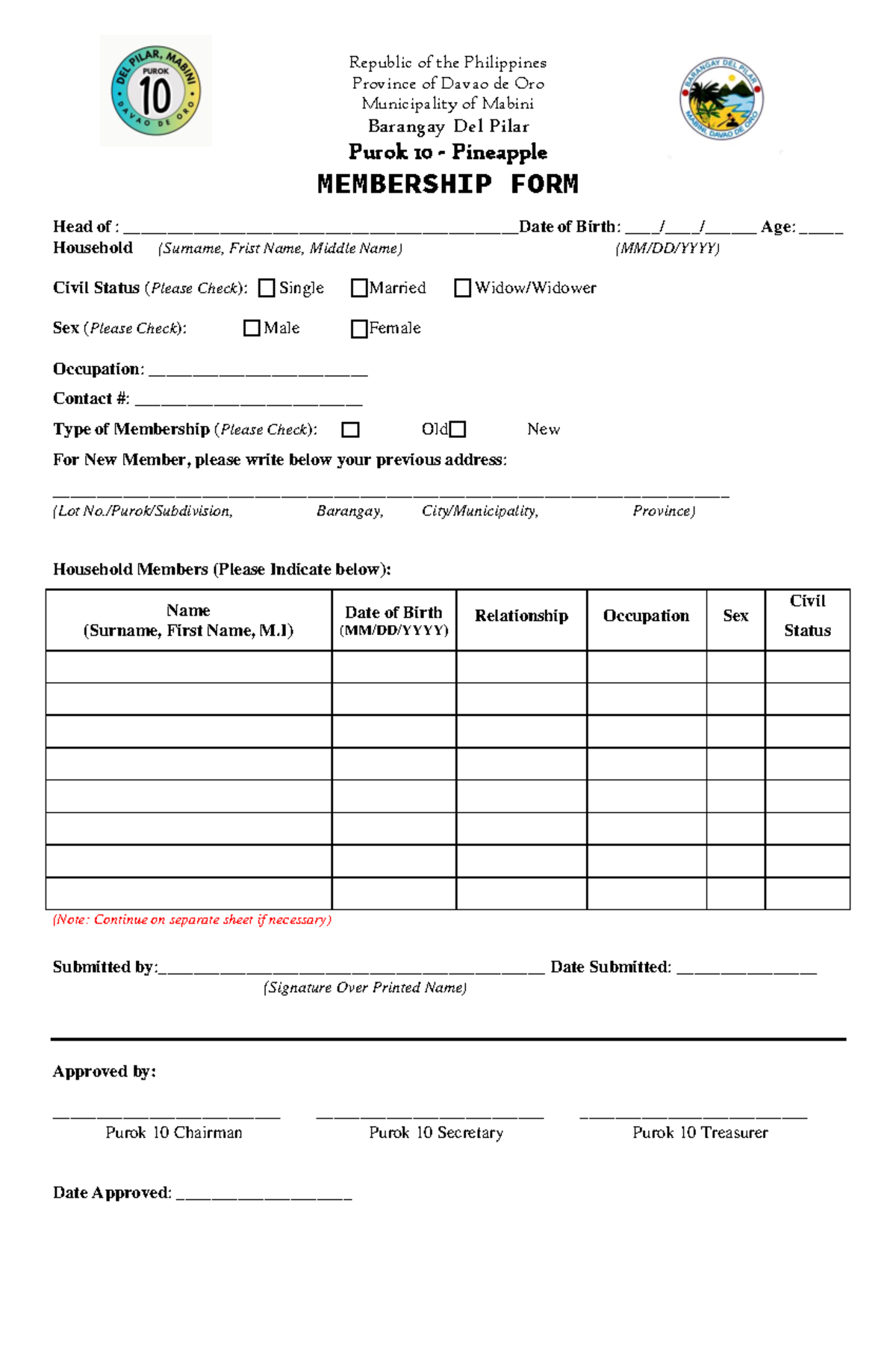 Memebership form for the people in the community sample work - Republic ...