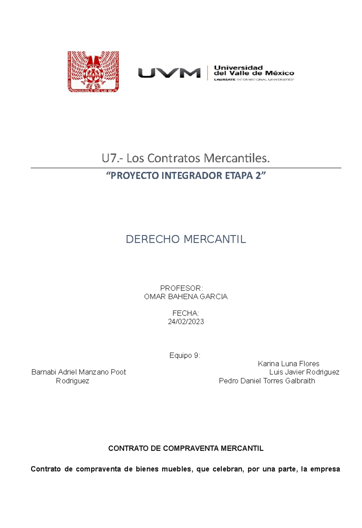 A6 E9parte 3 - proyecto integrador - U7.- Los Contratos Mercantiles. “PROYECTO INTEGRADOR ETAPA ...