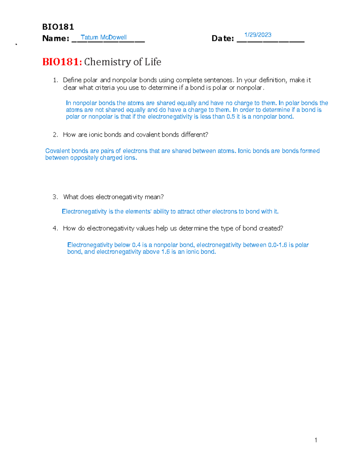 BIO181 Chemistry of Life - BIO Name: ______________ Date ...