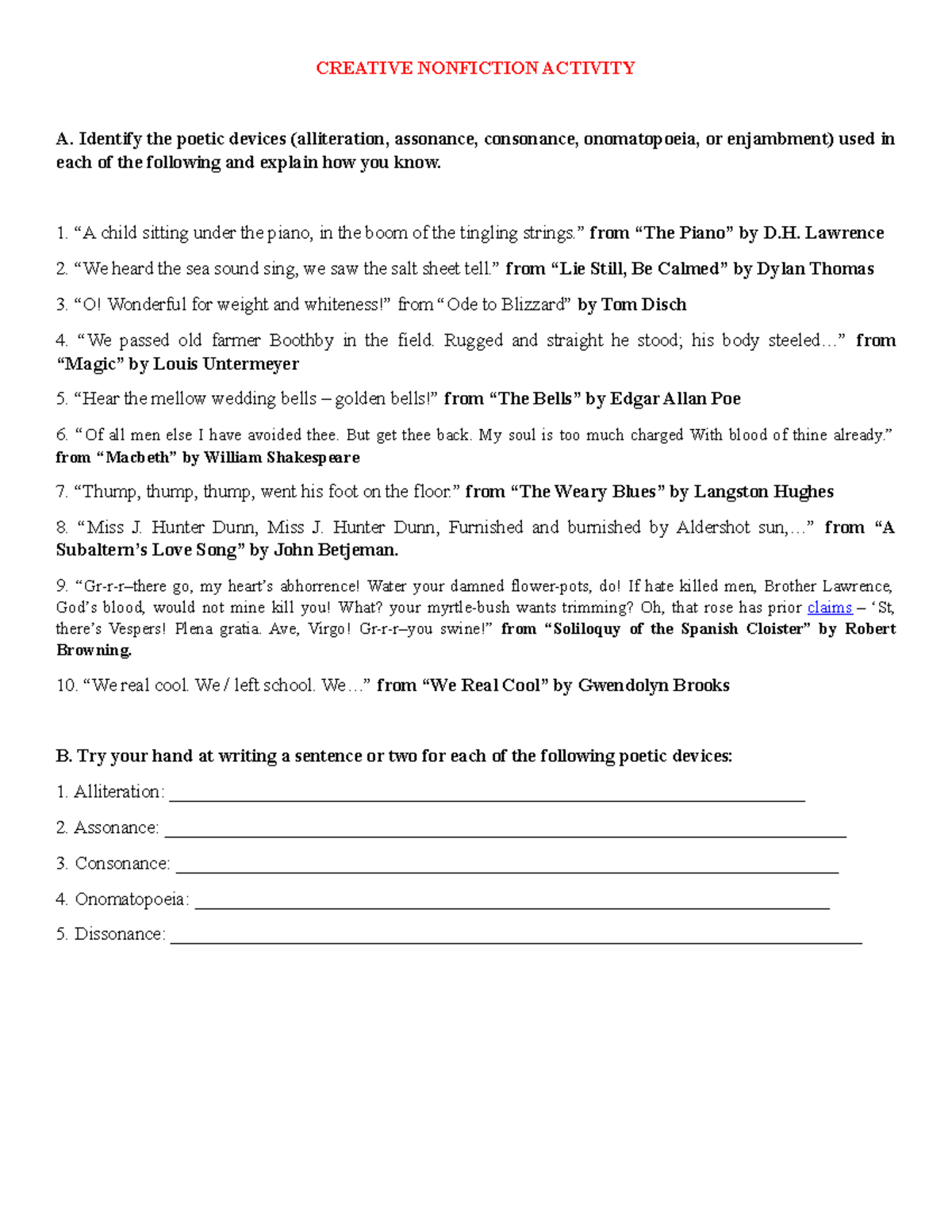 Creative Nonfiction Activity - CREATIVE NONFICTION ACTIVITY A. Identify ...