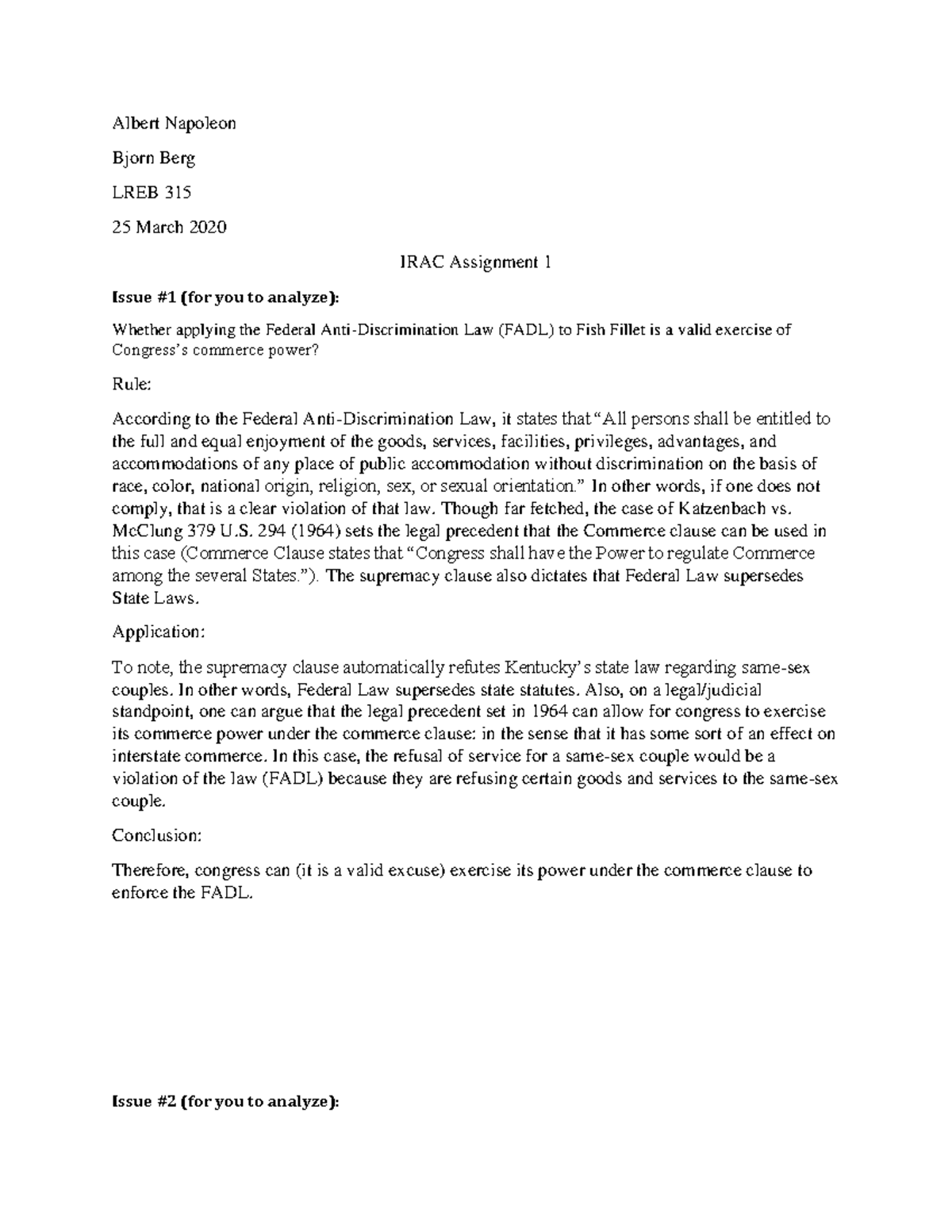 IRAC LREB 1 - Written Assignment 1 - Warning: TT: undefined function: 32 Albert Napoleon Bjorn ...