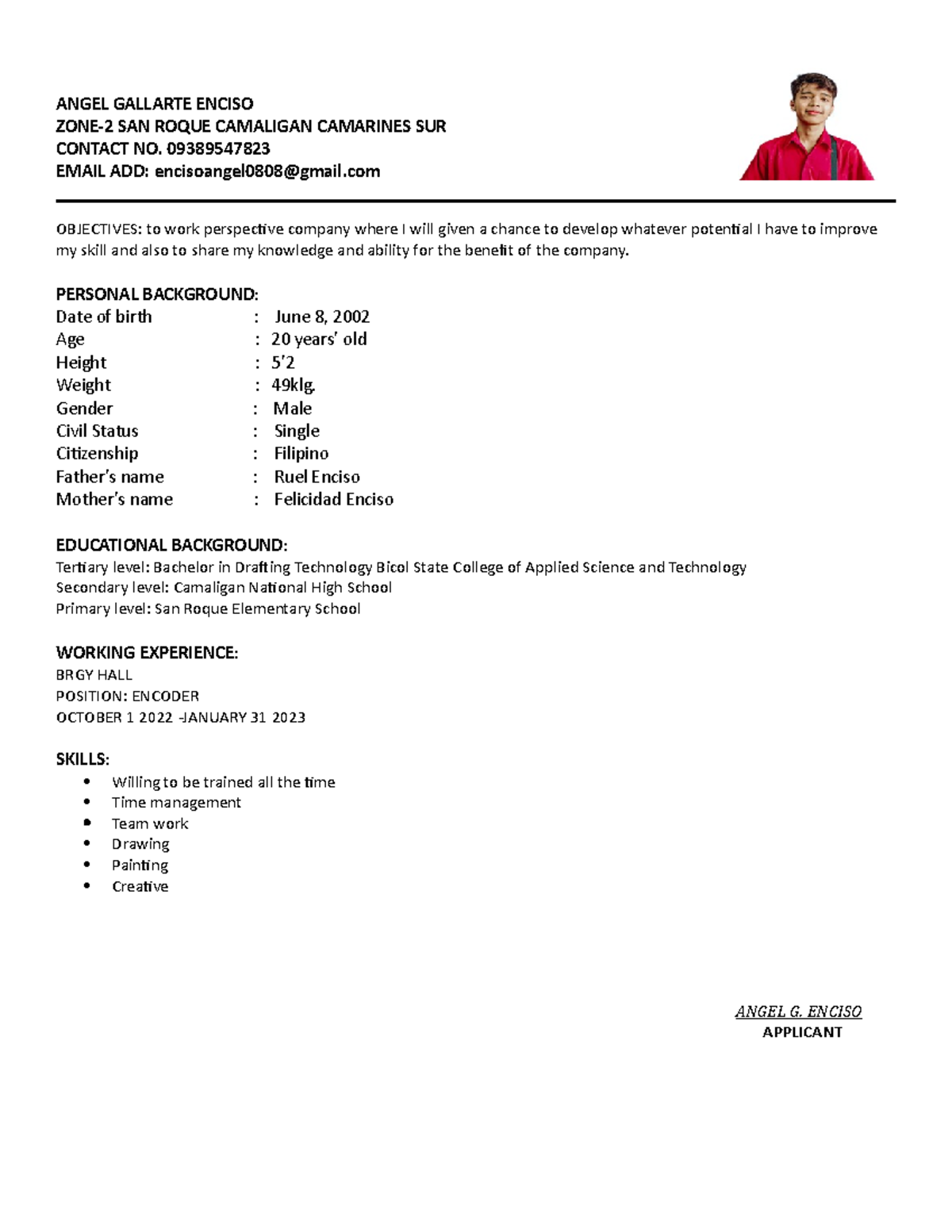 Angel Enciso Resume - rudt6u - ANGEL GALLARTE ENCISO ZONE-2 SAN ROQUE ...