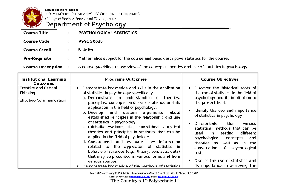 Syllabus - Psychological Statistics (Just a syllabus) - Psychotherapy ...
