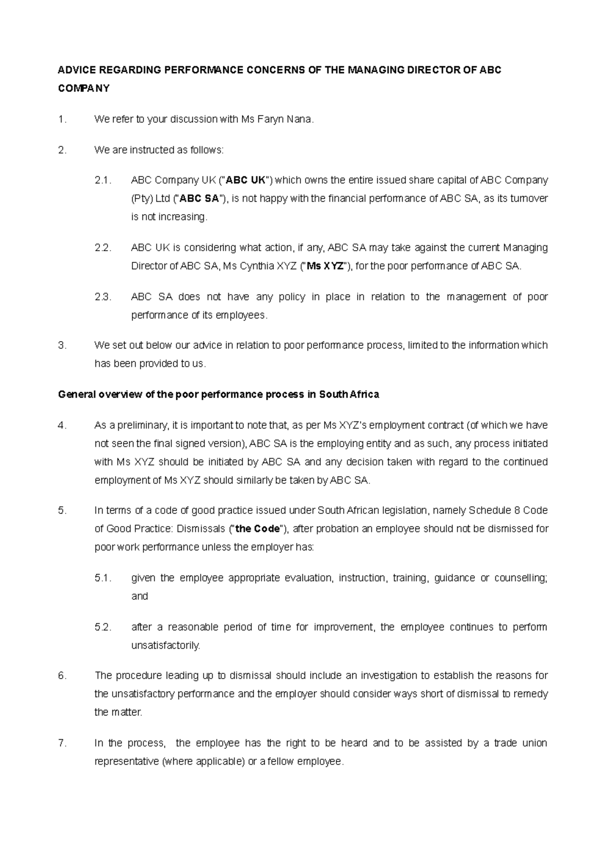 Note on poor performance of Senior Employee - ADVICE REGARDING ...