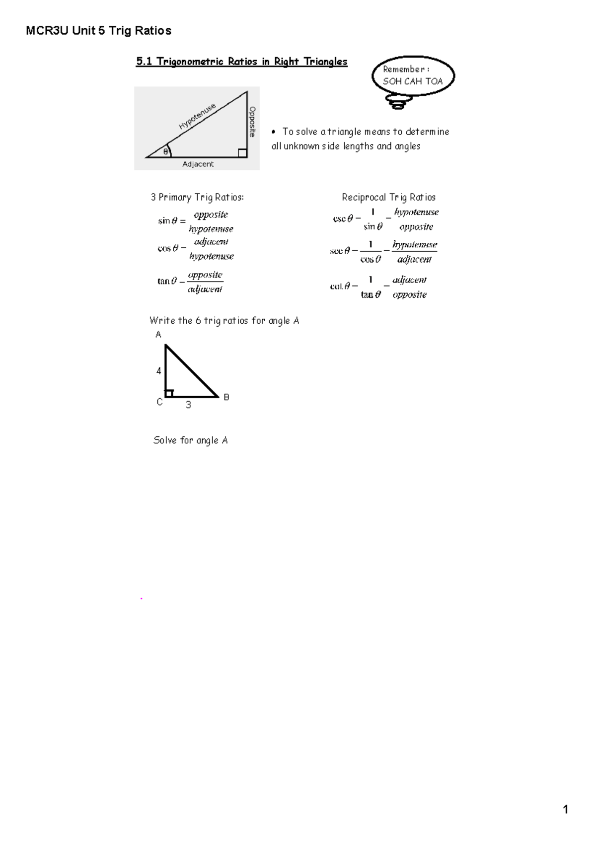Unit 5 Lesson Notes - 5 Trigonometric Ratios in Right Triangles 3 ...