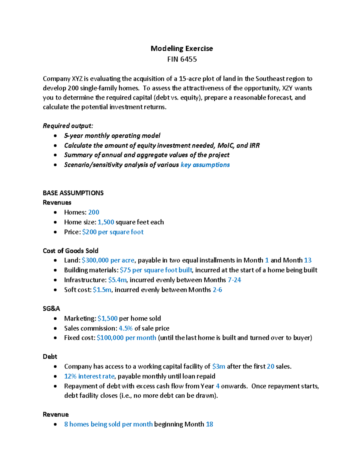 XYZ Home buiding modeling exercise - Modeling Exercise FIN 6455 Company ...