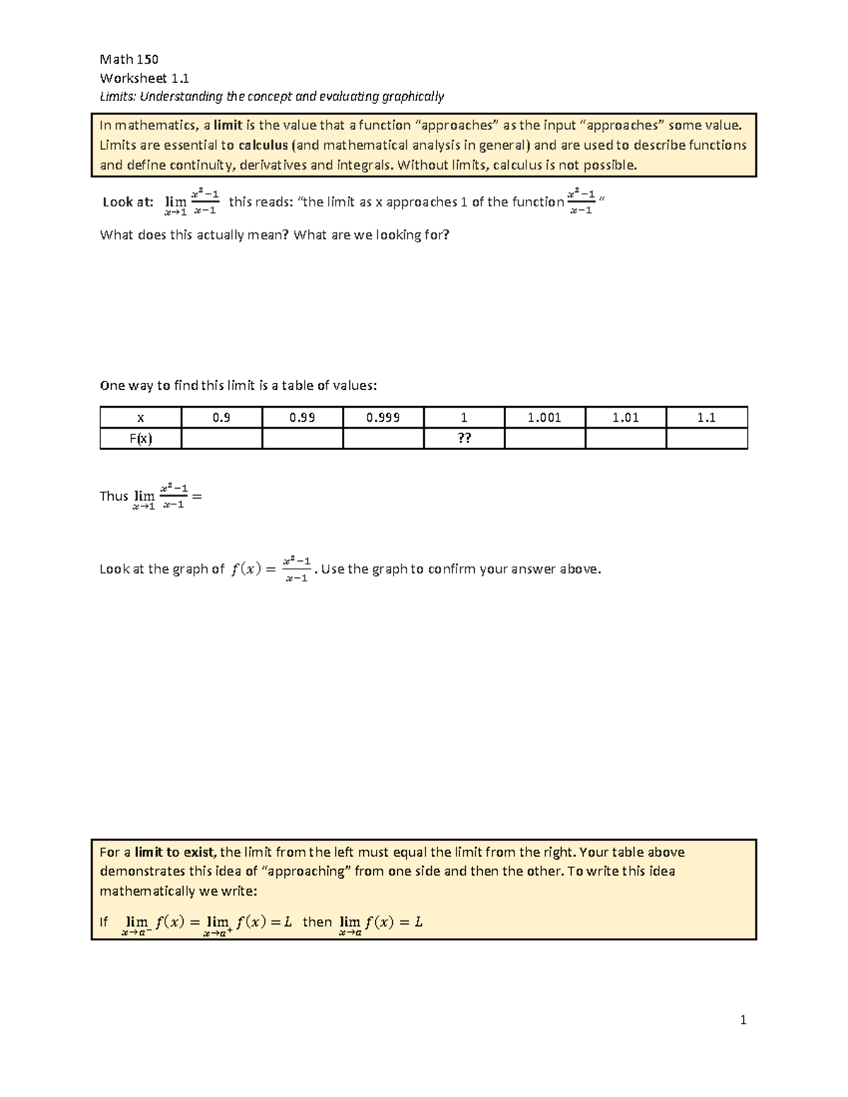 Chapter 1 worksheet binder - Math 150 Worksheet 1. Limits ...