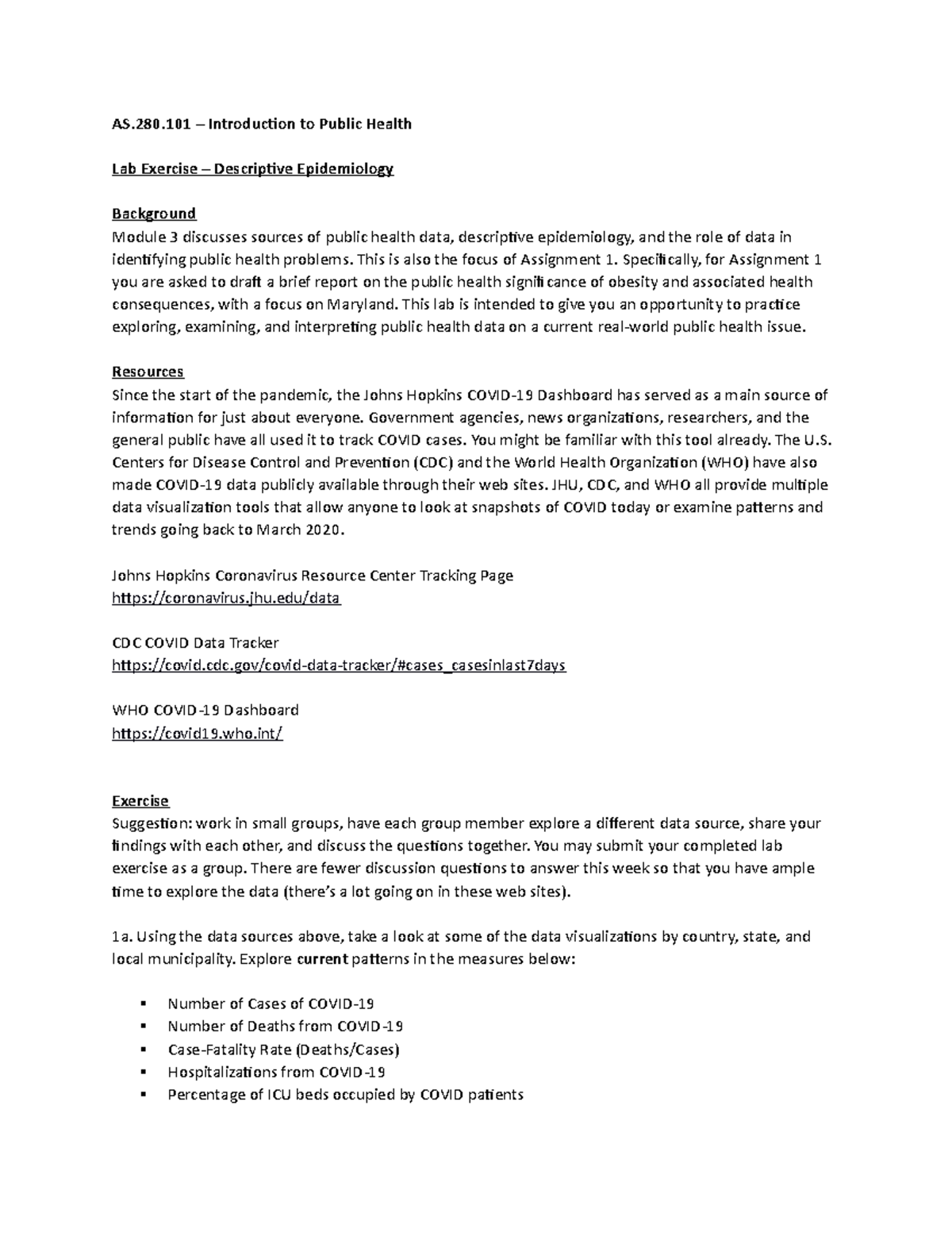 03 Descriptive Epi Lab Exercise - AS.280 Introduction to Public Health ...