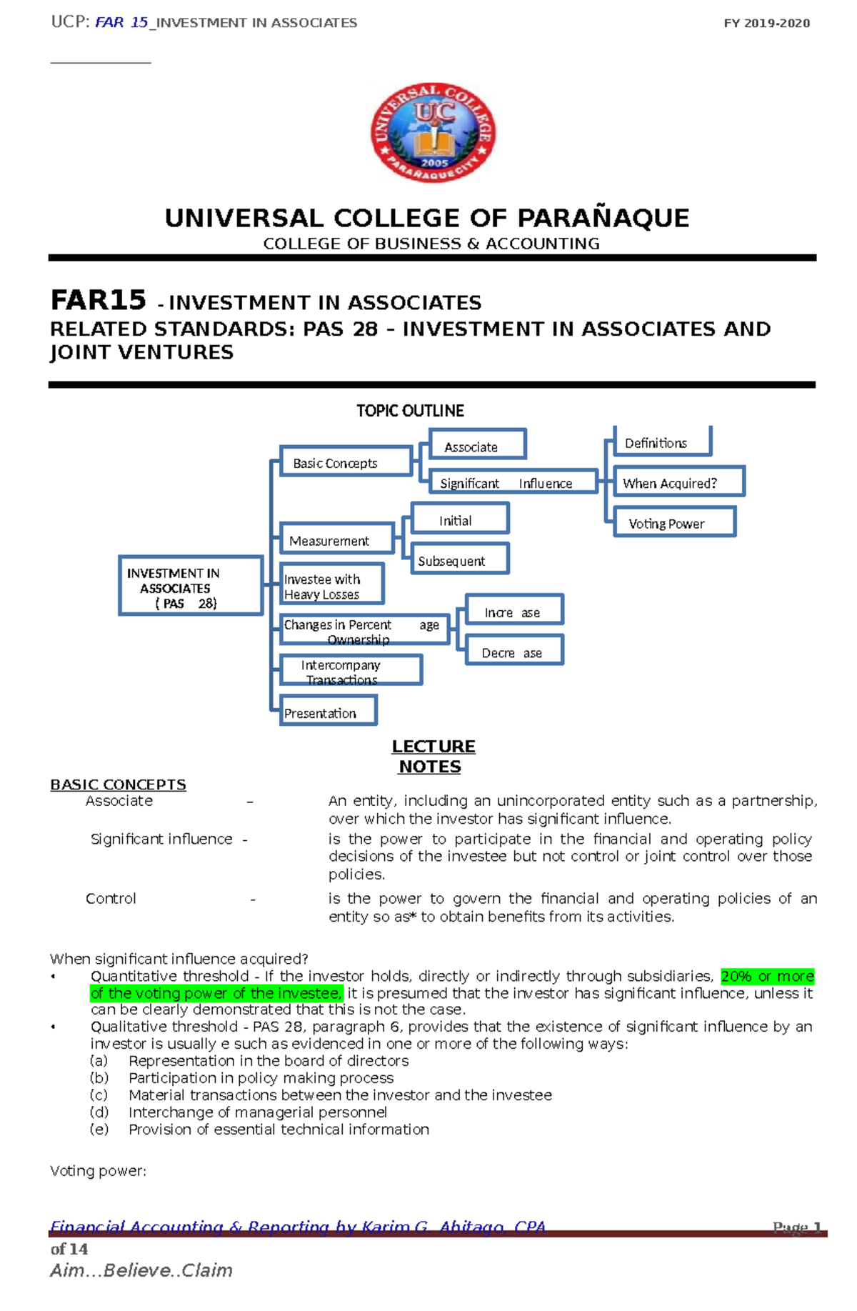FAR 15 Investment IN Associates - UNIVERSAL COLLEGE OF PARAÑAQUE ...