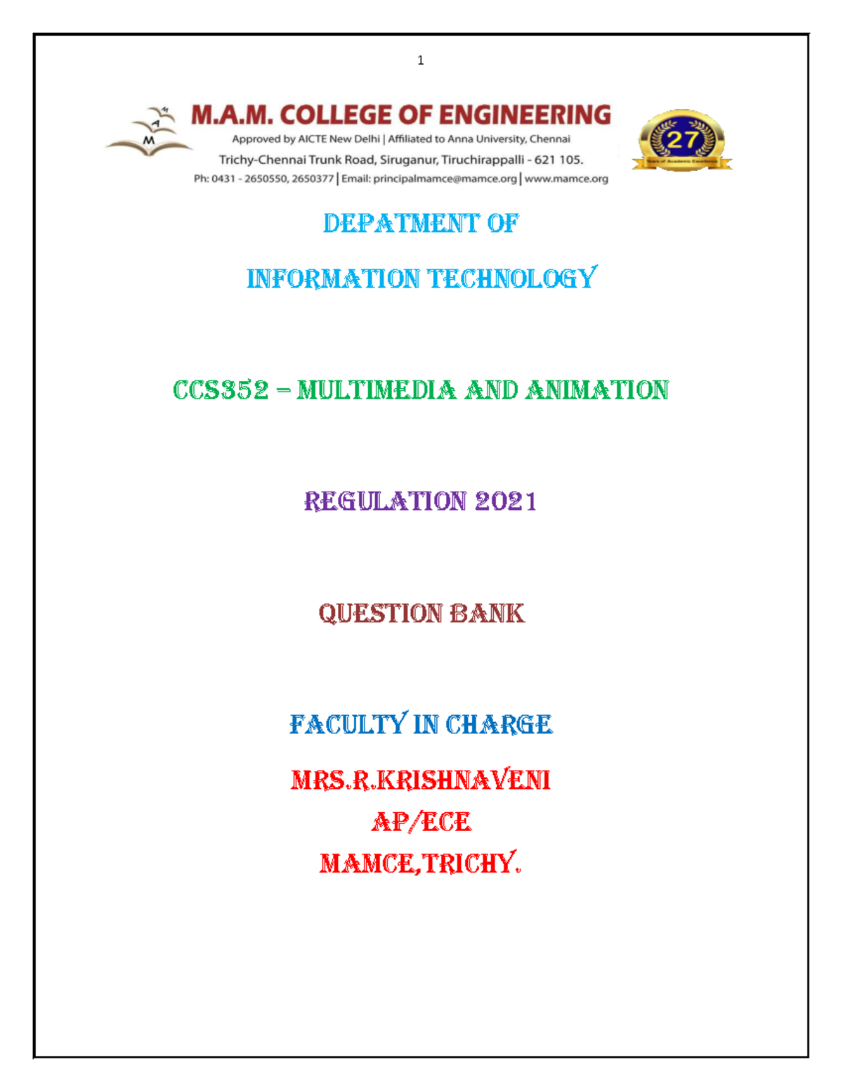 CCS 352 Multimedia and Animation Question Bank Unitwise - DEPATMENT OF INFORMATION TECHNOLOGY ...