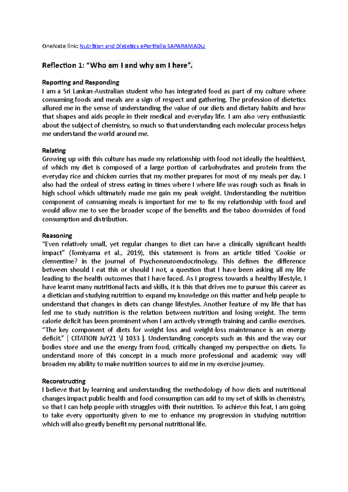 Practice reflection - OneNote link: Nutrition and Dietetics ePortfolio ...