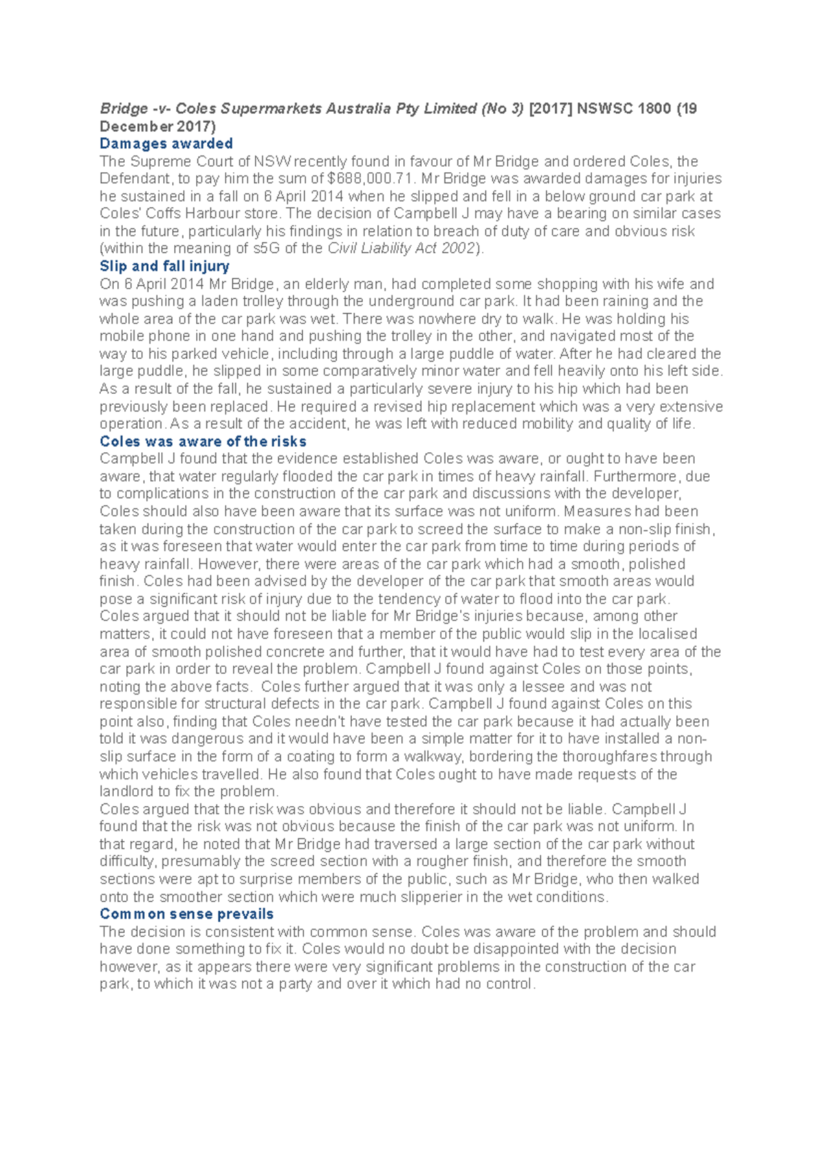 Bridge v coles - Descrition and summary of vital cases for studies ...