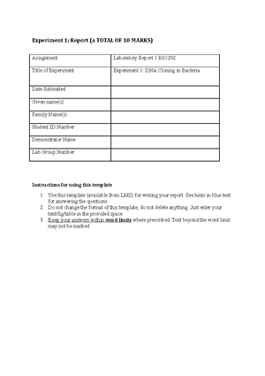 BIO282 lab report 1 - received distinction mark - EXPERIMENT 1: REPORT ...