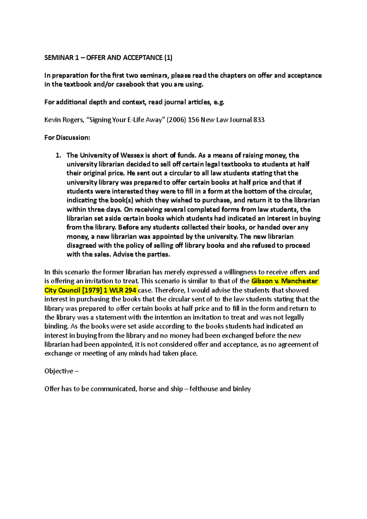 Contract – Seminar 1 - Offer and Acceptance - SEMINAR 1 – OFFER AND ...