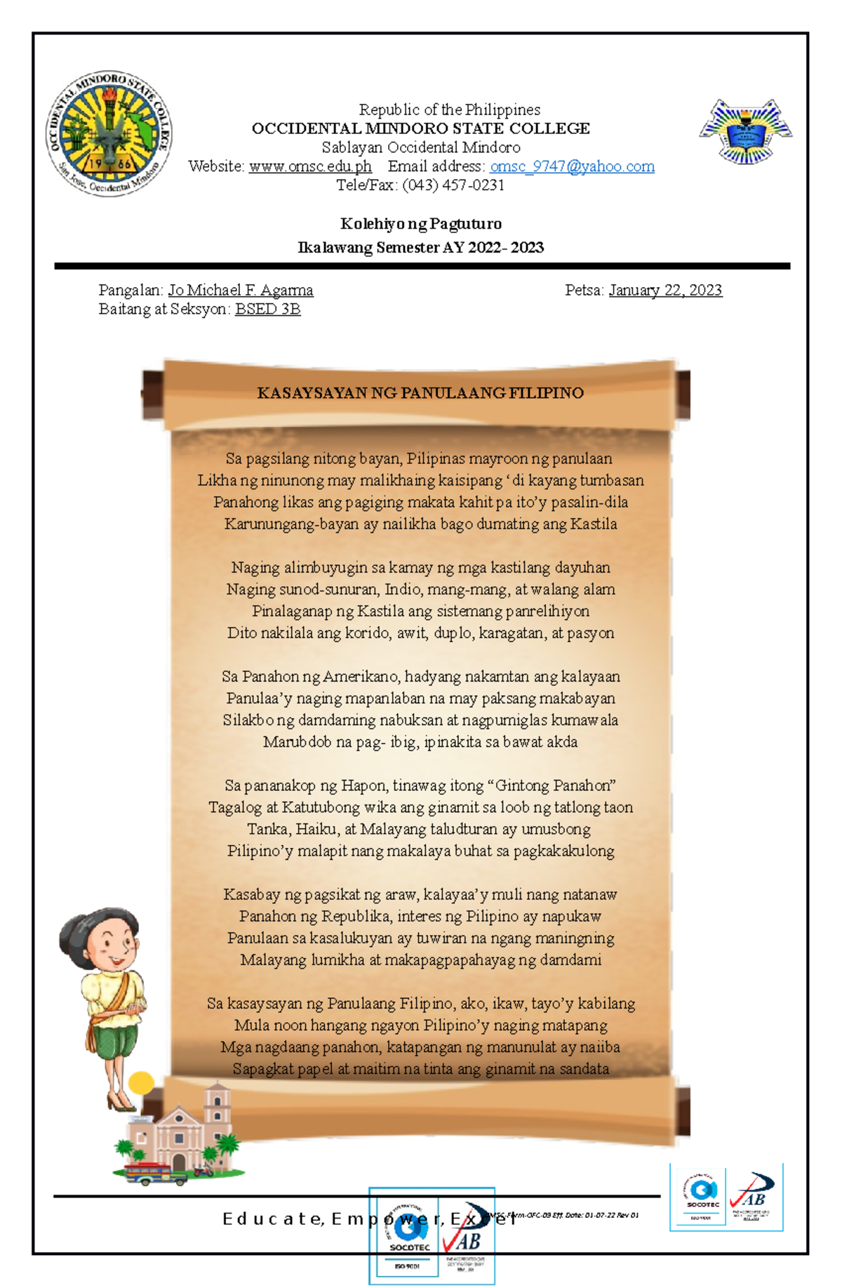 Sa pagsilang nitong bayan - Republic of the Philippines OCCIDENTAL ...