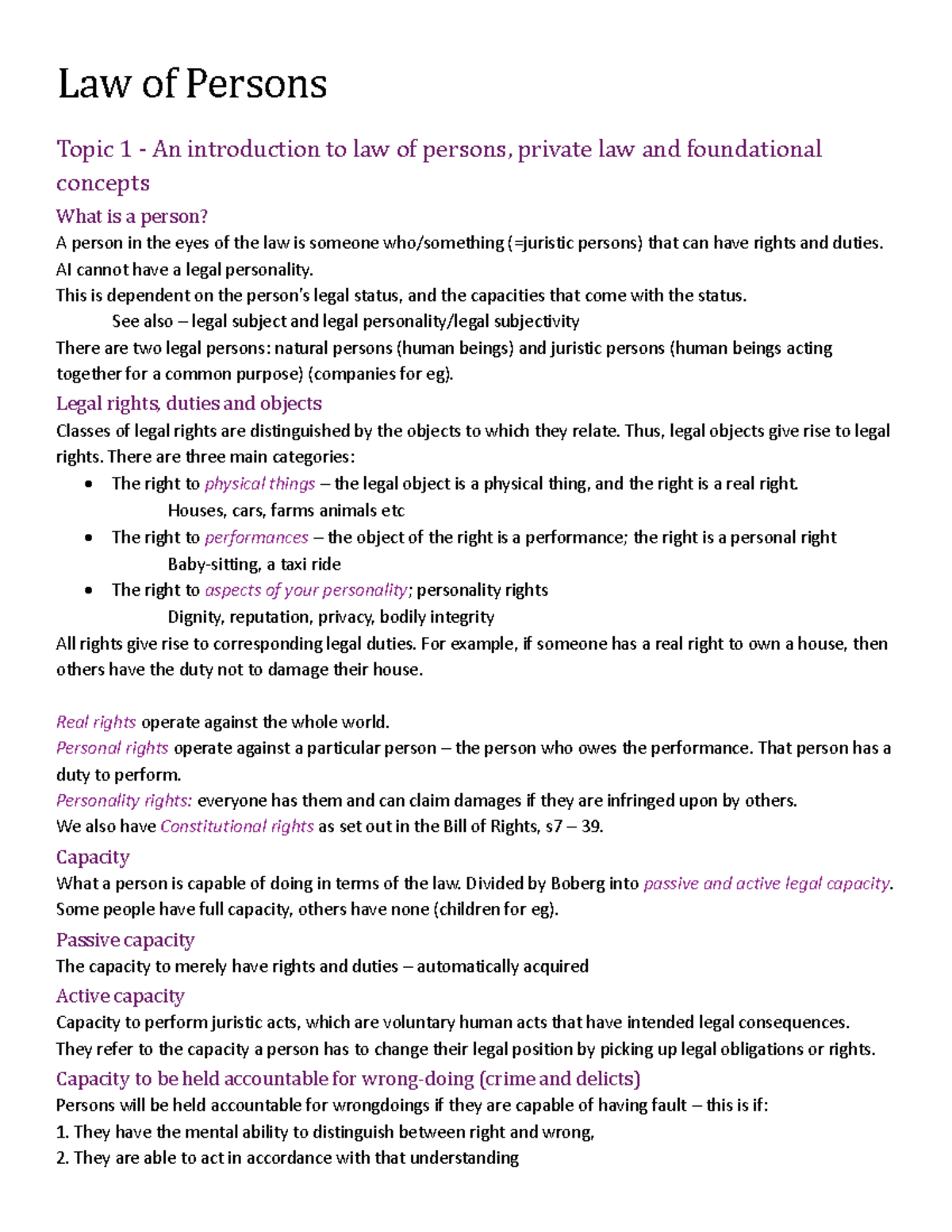 Law of Persons Notes - exam preparation - Law of Persons Topic 1 - An ...