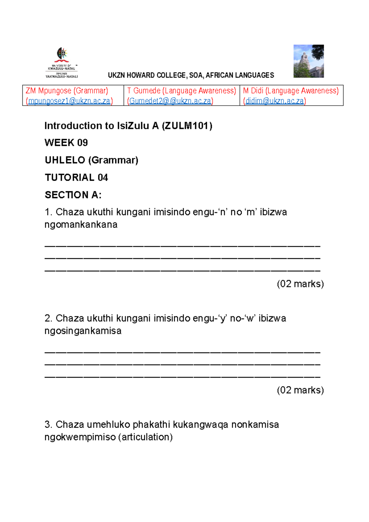 Tutorial 04 - questions - UKZN HOWARD COLLEGE, SOA, AFRICAN LANGUAGES ZM Mpungose (Grammar ...