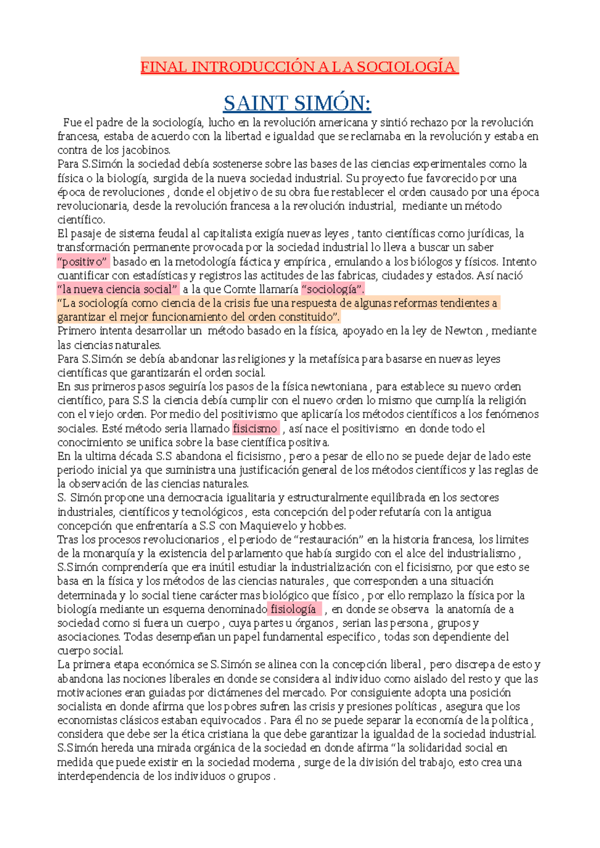 resumen Saint Simón, Marx, Durkheim - FINAL INTRODUCCIÓN A LA ...