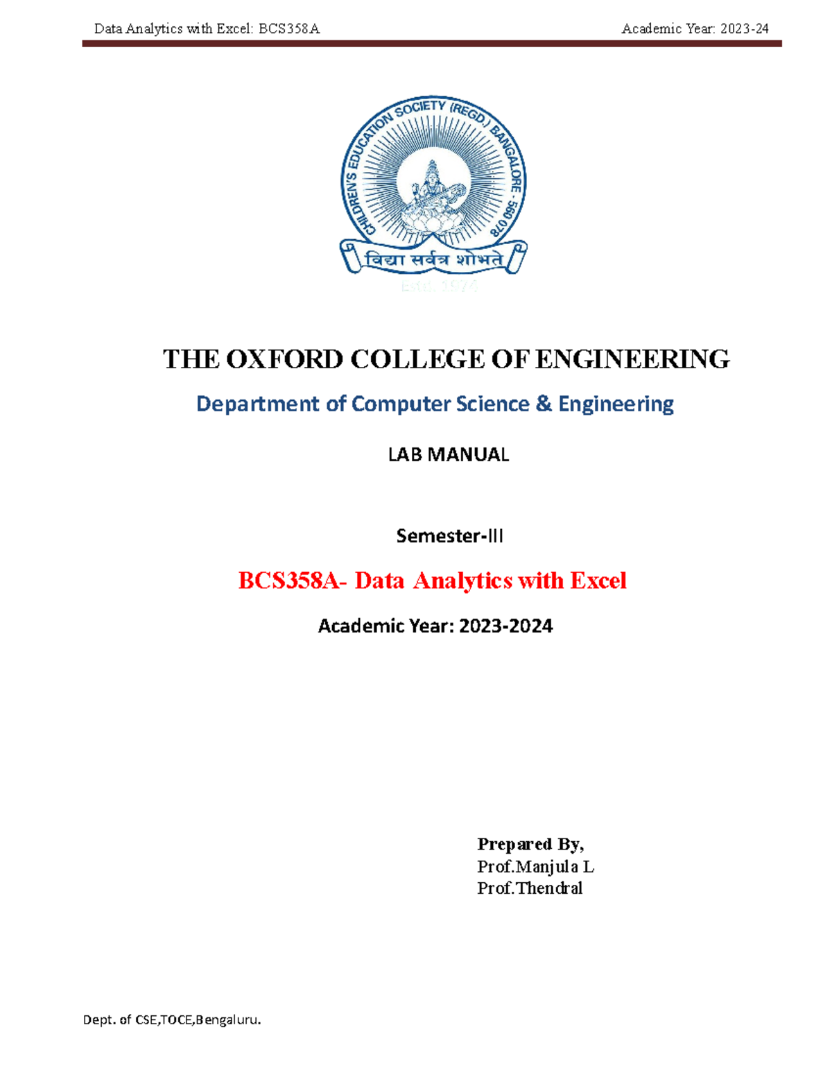 Lab manaul - Data Analytics with Excel: BCS358A - THE OXFORD COLLEGE OF ENGINEERING Department ...
