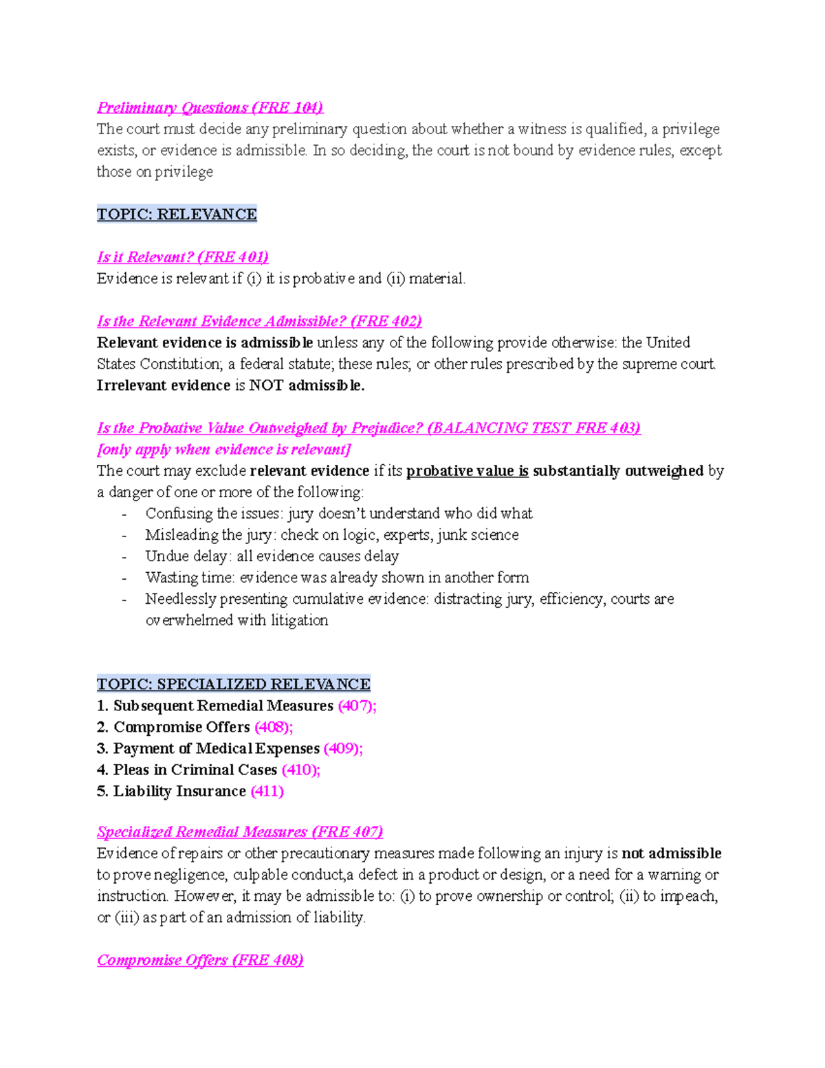 Evidence Finals Attack Guide - Preliminary Questions (FRE 104) The ...