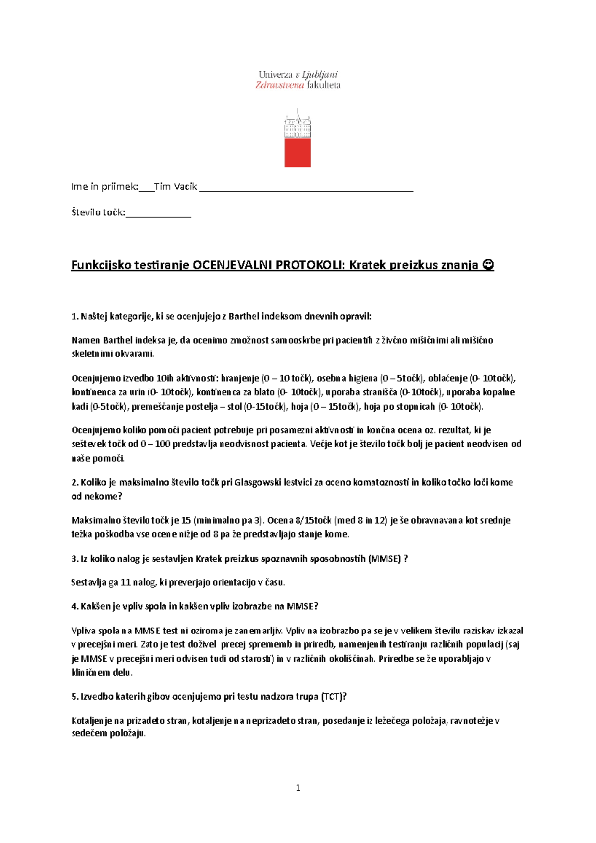 Ocenjevalni protokoli, preverjanje znanja, Tim Vacik 1. FT - Ime in ...