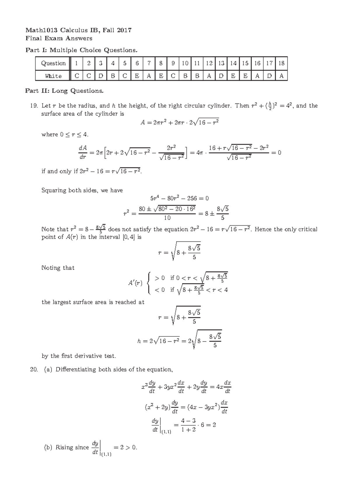Math1013 final fall 2017 ans - Math1013 Calculus IB, Fall 2017 Final Exam Answers Part I ...